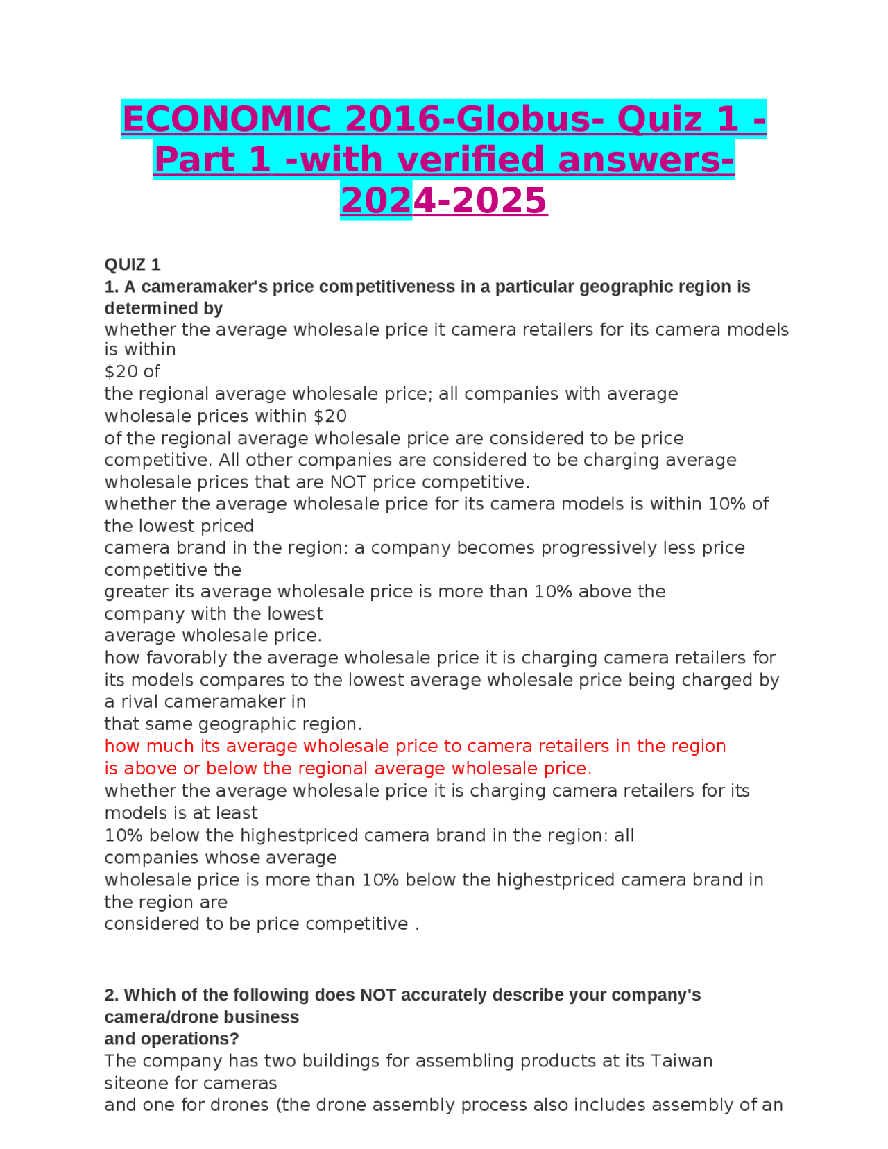 ECONOMIC 2016-Globus- Quiz 1 - Part 1 -with verified answers-2024-2025 ...