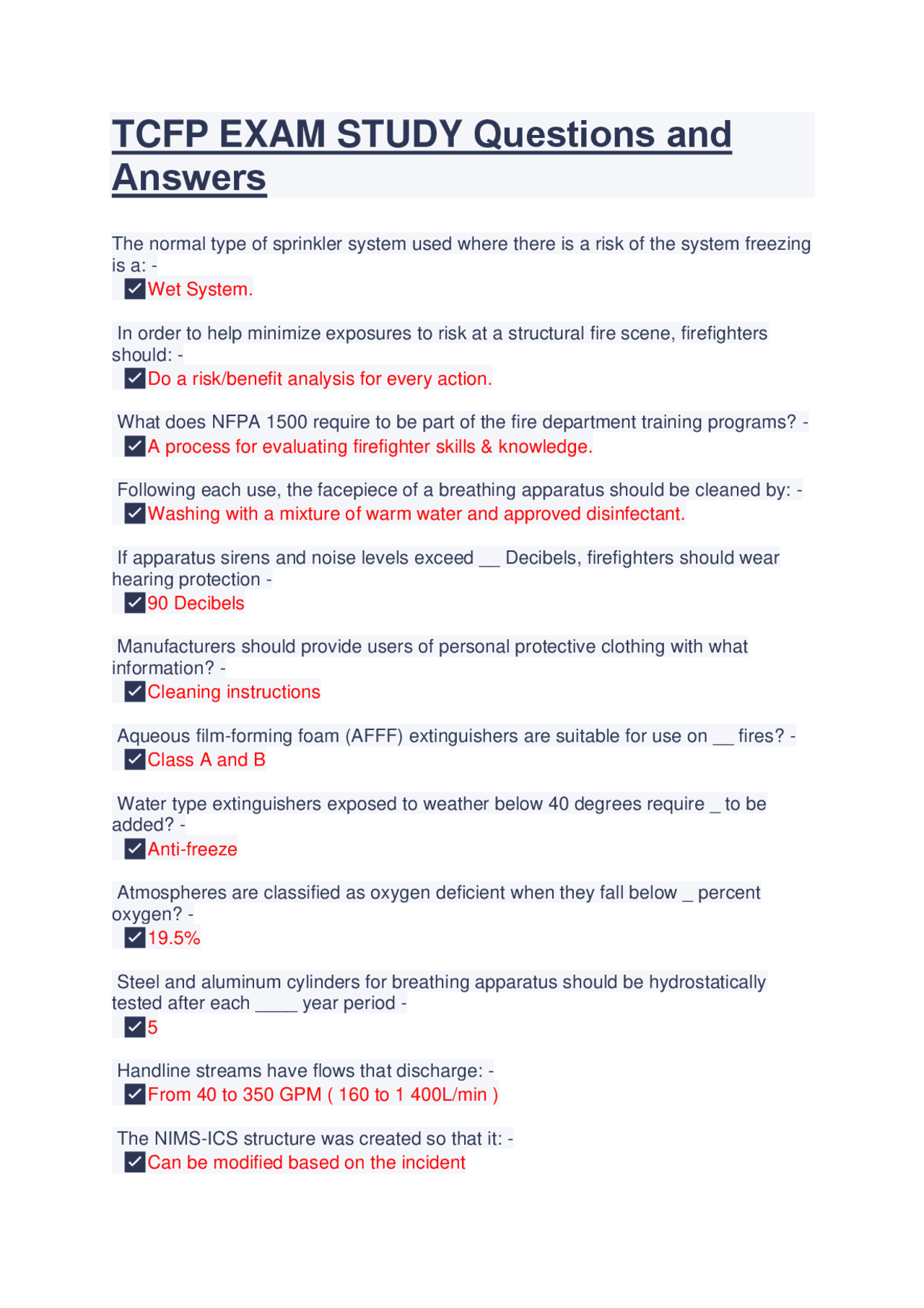 TCFP EXAM STUDY Questions and Answers.pdf | Exams Nursing | Docsity