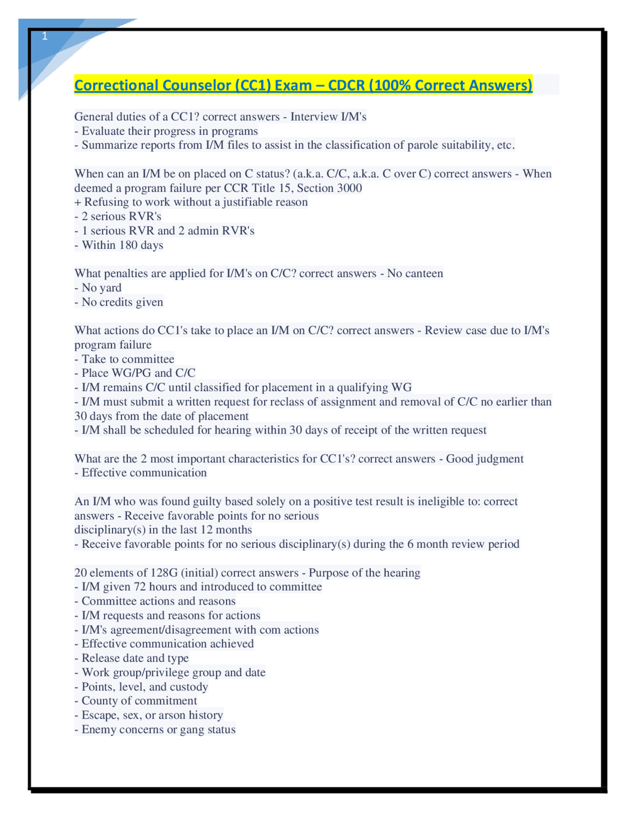 Correctional Counselor (CC1) Exam – CDCR (100% Correct Answers) | Exams ...