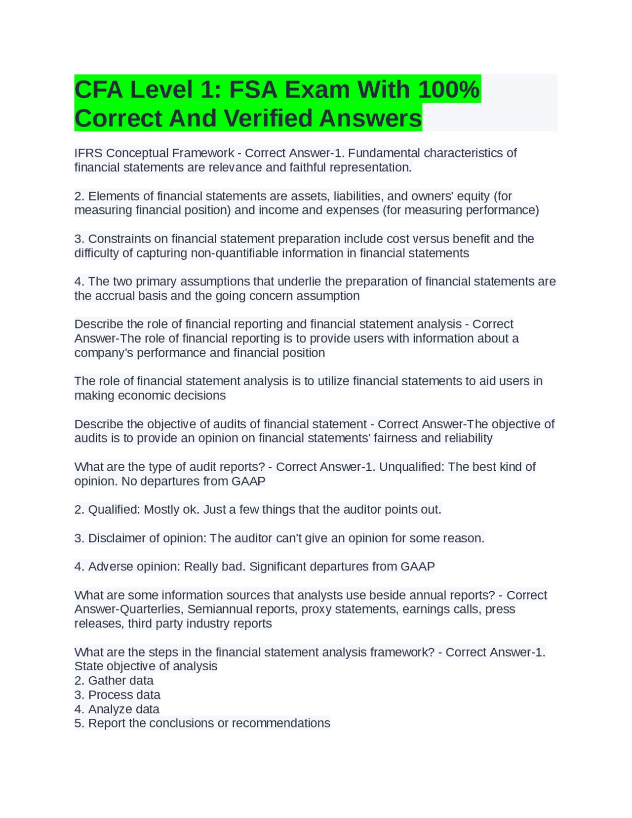 CFA Level 1: FSA Exam With 100% Correct And Verified Answers | Exams ...