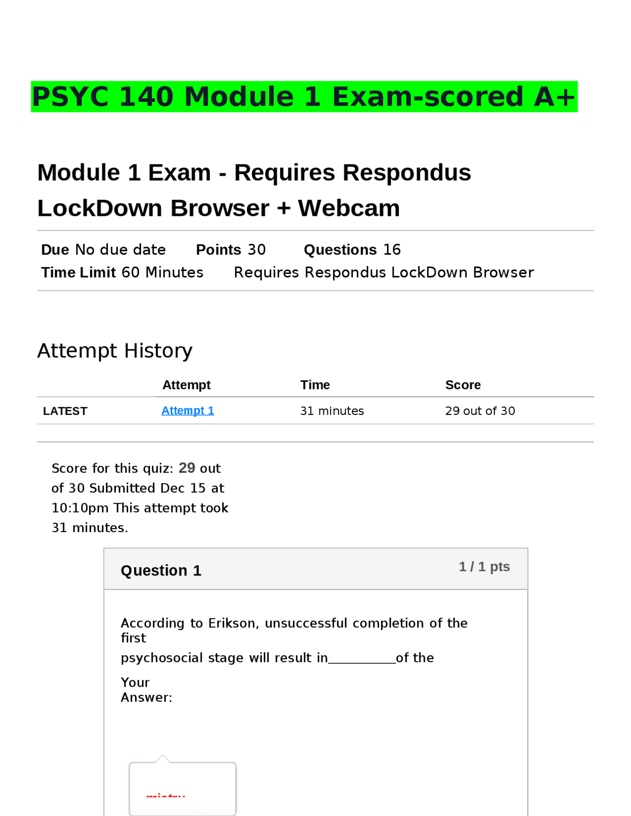 PSYC 140 Module 1 Exam-scored A+.docx | Exams Nursing | Docsity