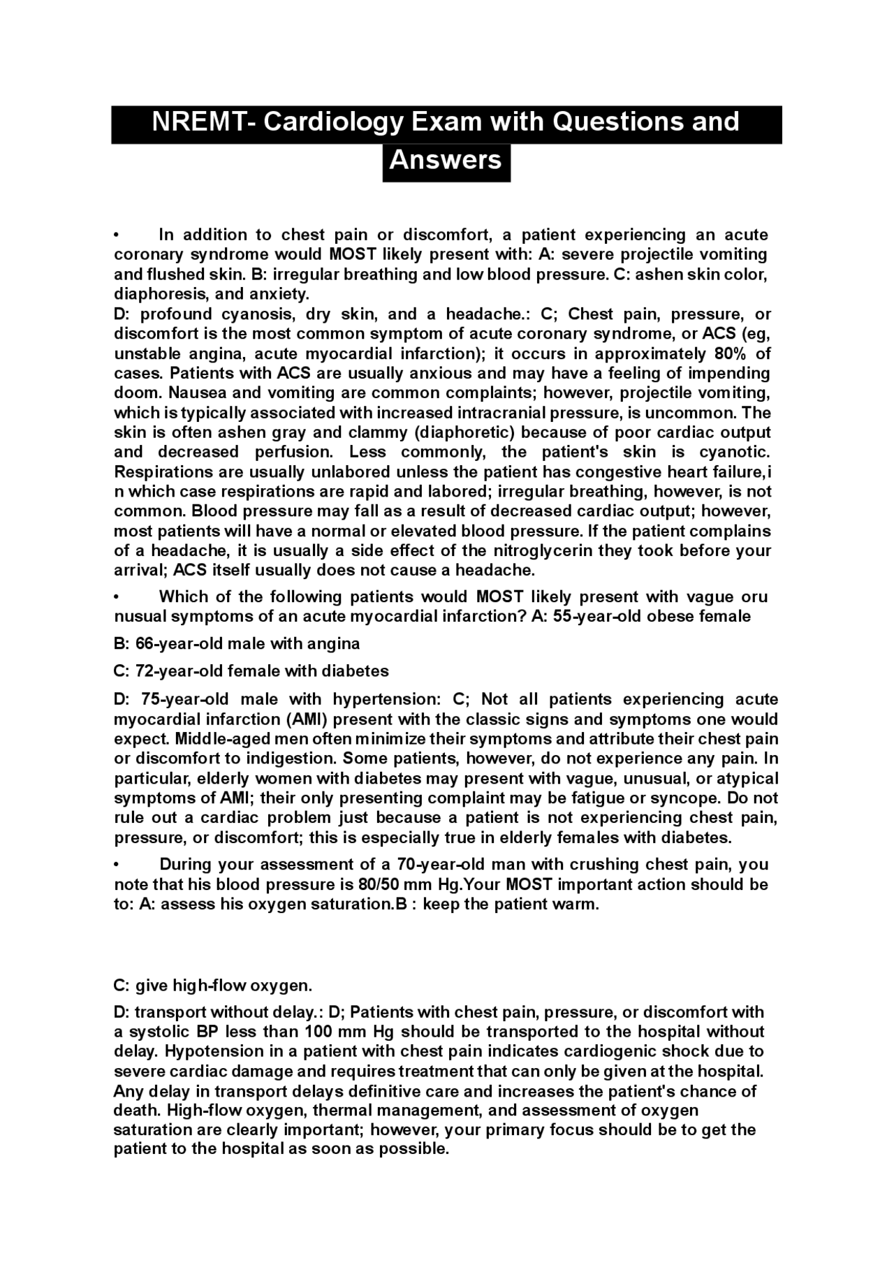 NREMT- Cardiology Exam with Questions and Answers | Exams Cardiology ...