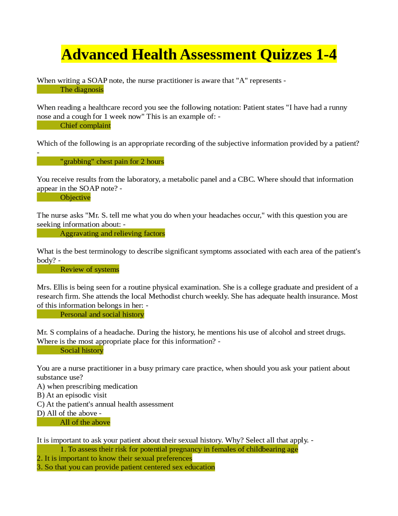 Advanced Health Assessment Quizzes 1-4 | Exams Nursing | Docsity