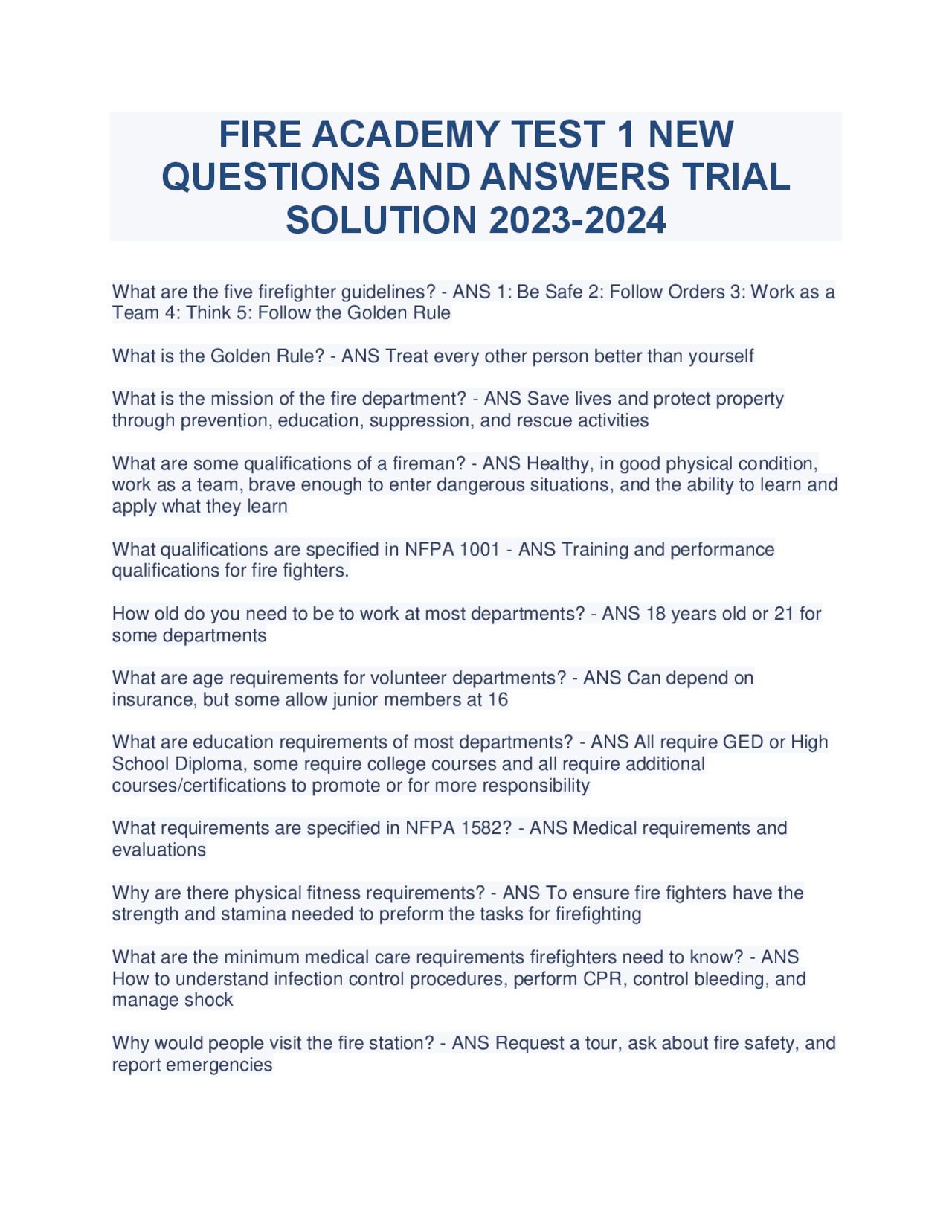 FIRE ACADEMY TEST 1 NEW QUESTIONS AND ANSWERS TRIAL SOLUTION 2023-2024 ...