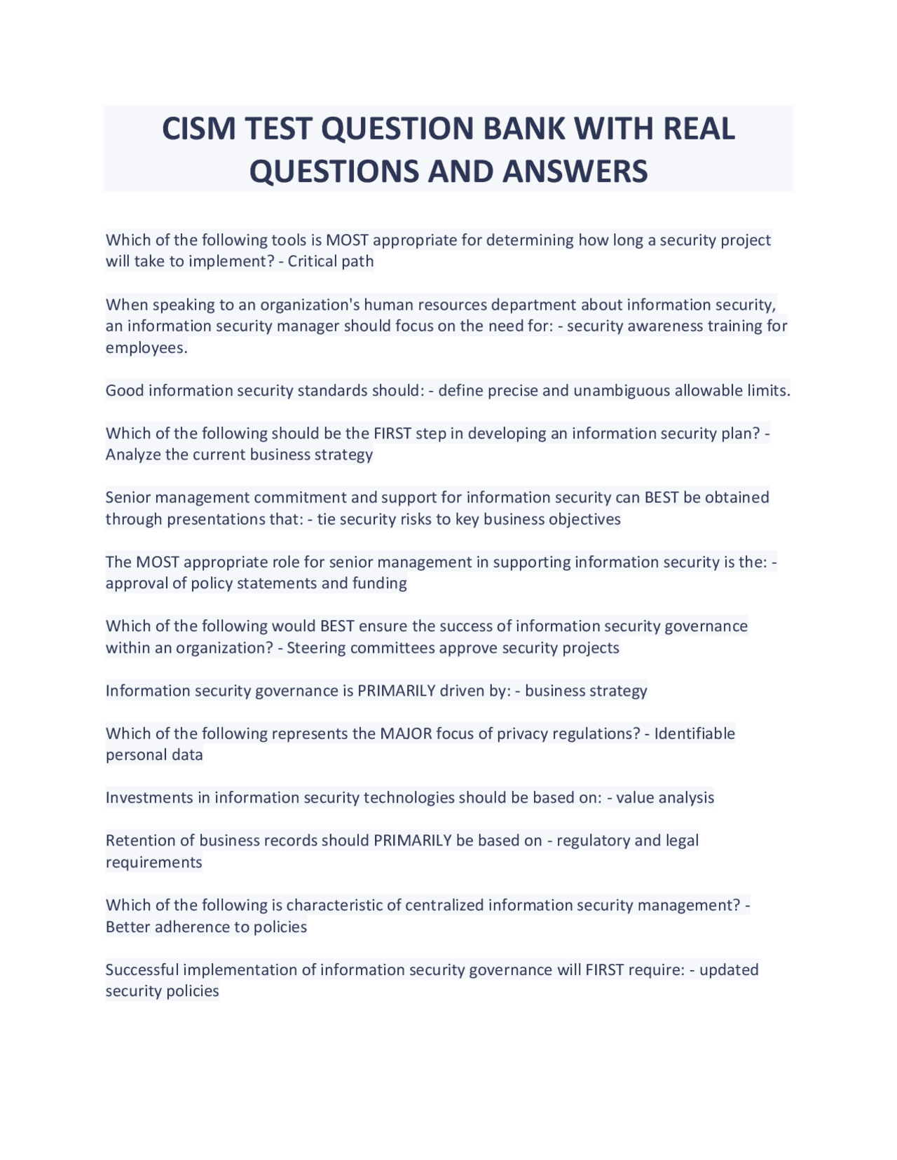 CISM TEST QUESTION BANK WITH REAL QUESTIONS AND ANSWERS | Exams ...