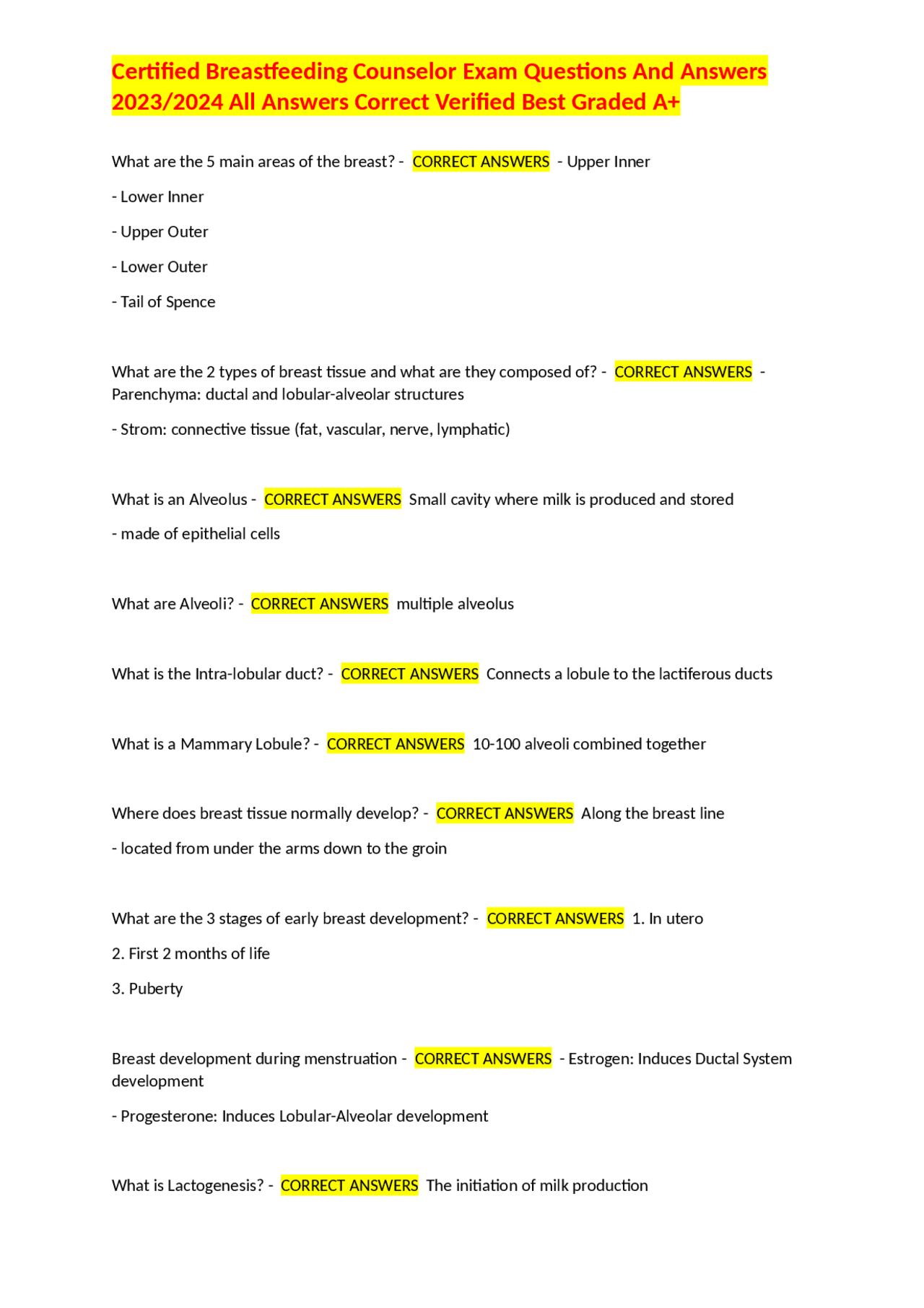 Certified Breastfeeding Counselor Exam Questions And Answers 2023/2024 ...