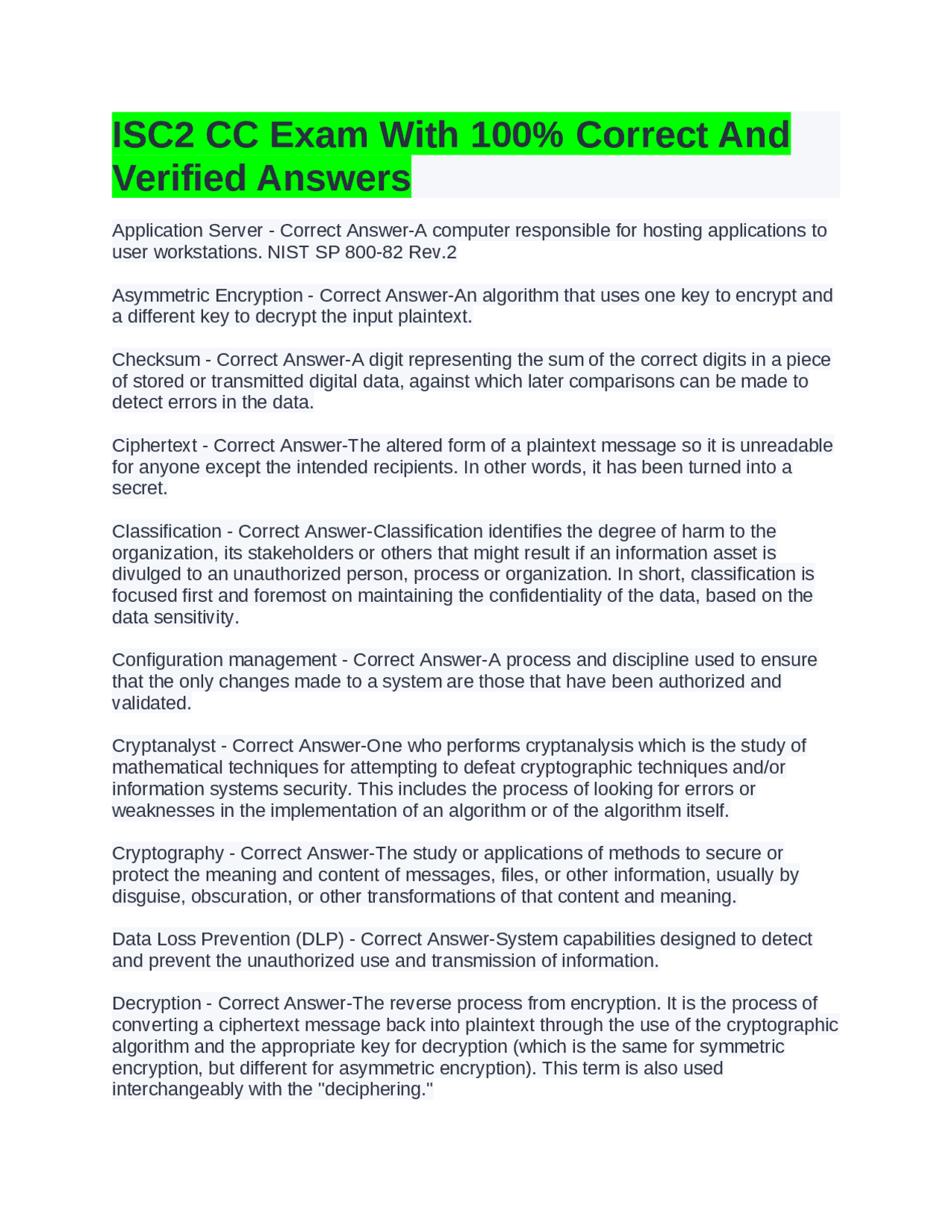 ISC2 CC Exam With 100% Correct And Verified Answers | Exams Advanced ...