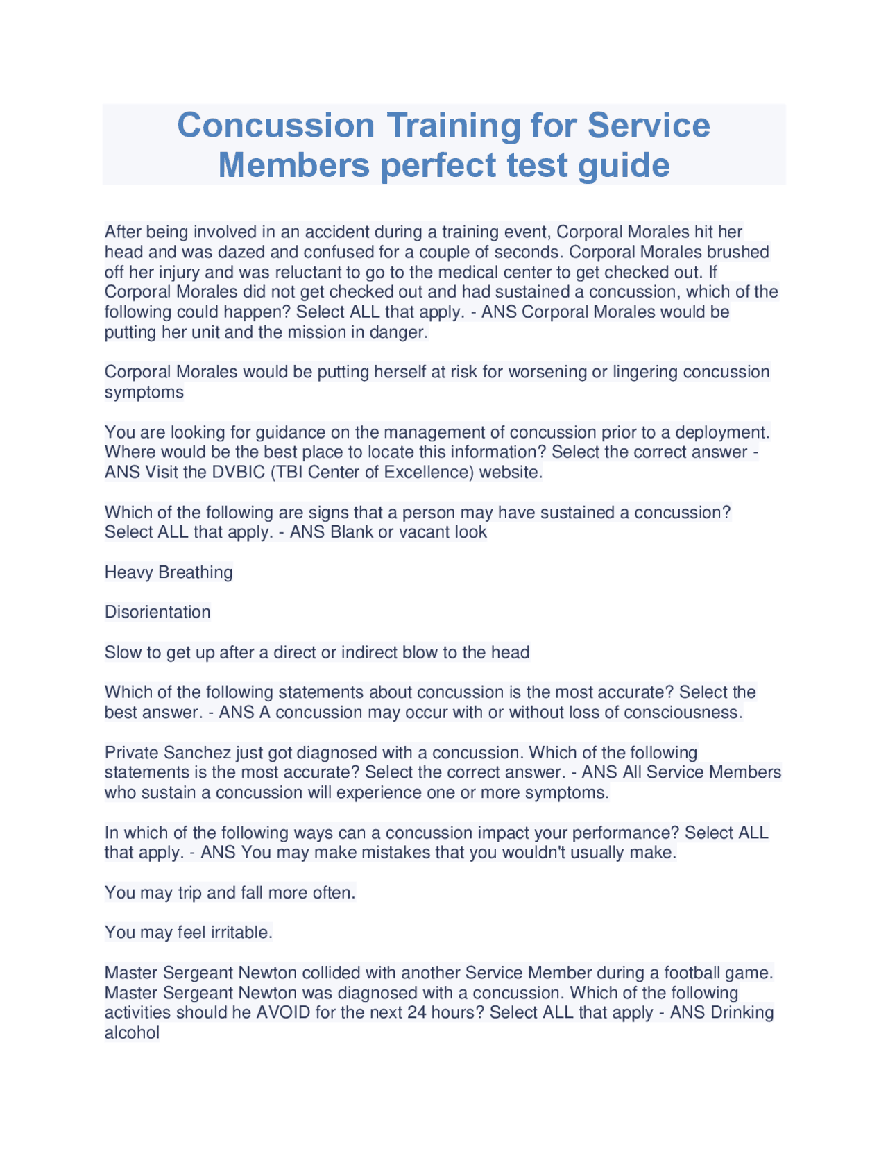 Concussion Training for Service Members perfect test guide | Exams ...