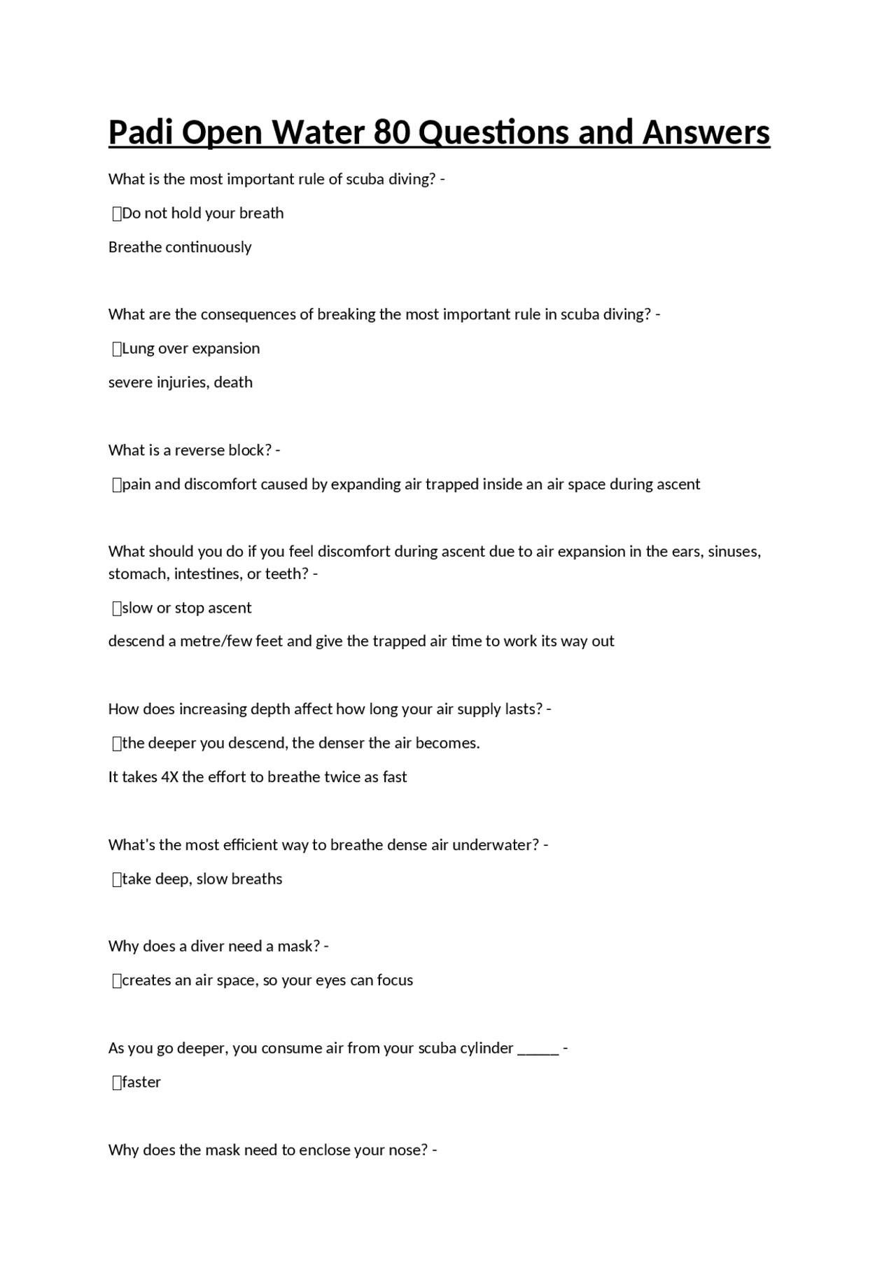 Padi Open Water 80 Questions and Answers. | Exams Biology | Docsity