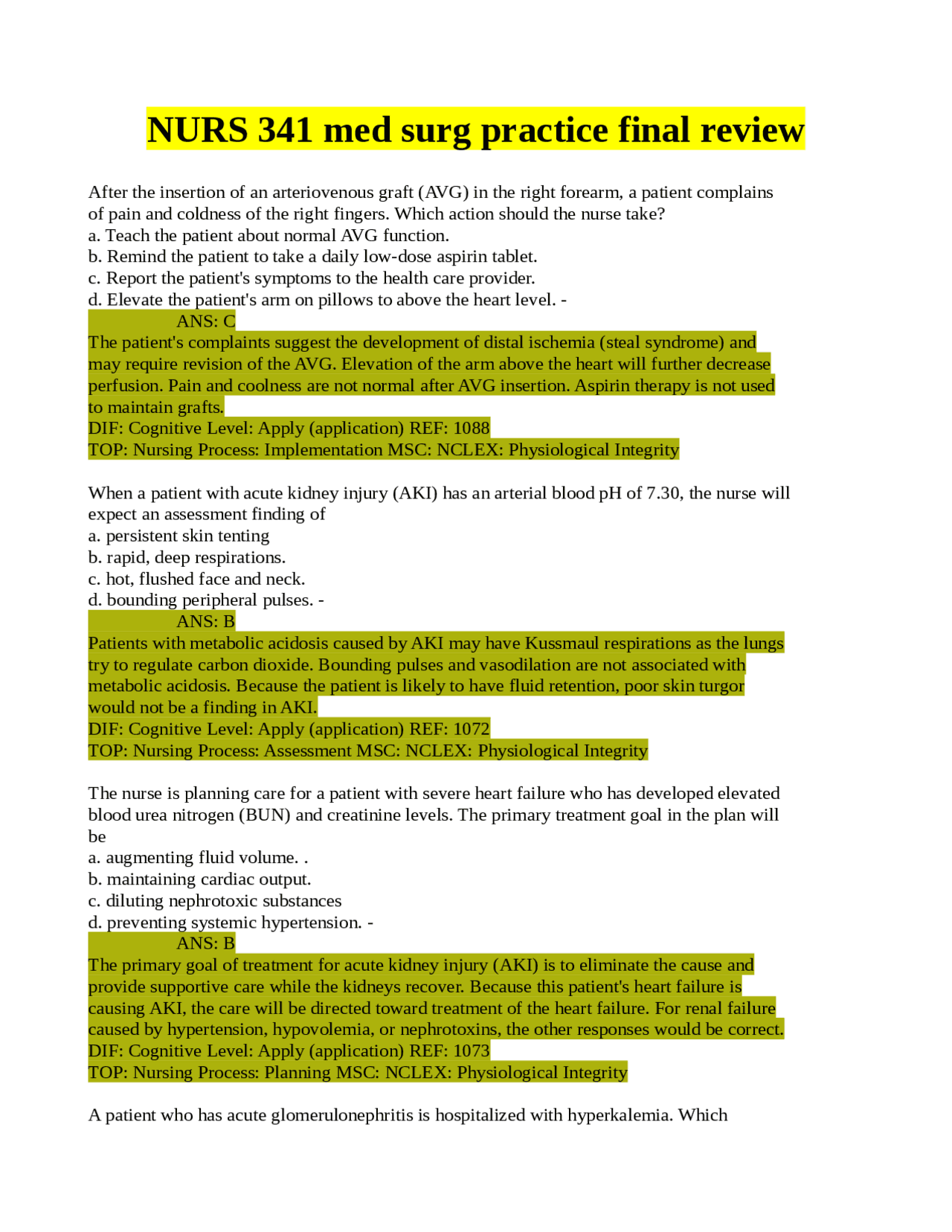 NURS 341 med surg practice final review | Exams Nursing | Docsity