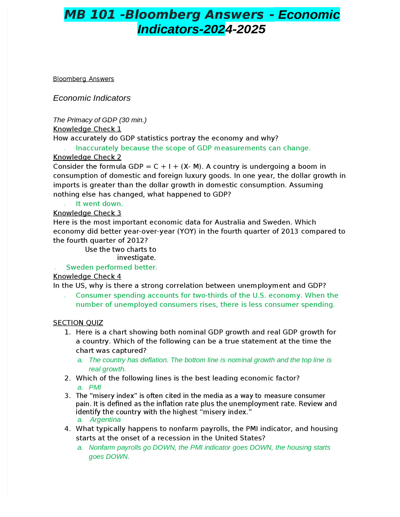 MB 101 -Bloomberg Answers - Economic Indicators-2024-2025.docx | Exams ...