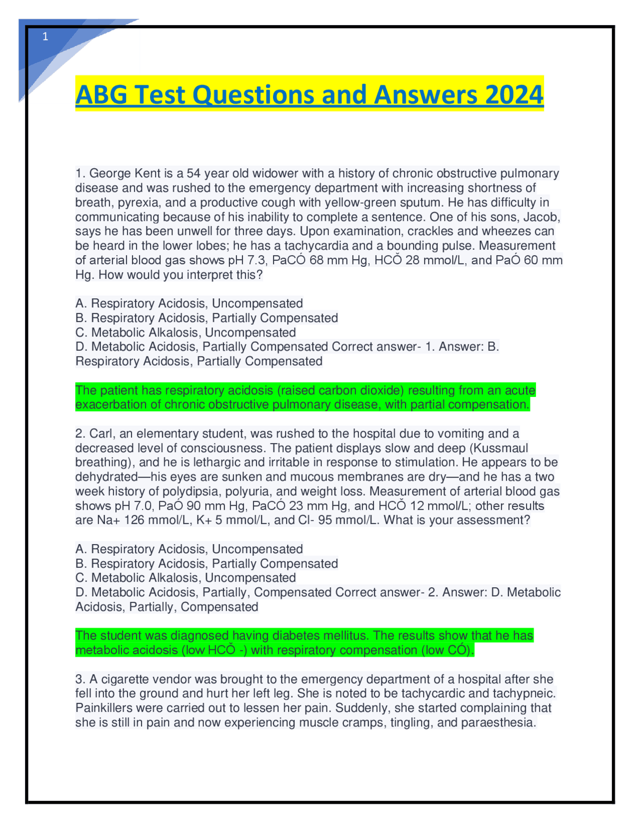 ABG Test Questions and Answers 2024 | Exams Nursing | Docsity