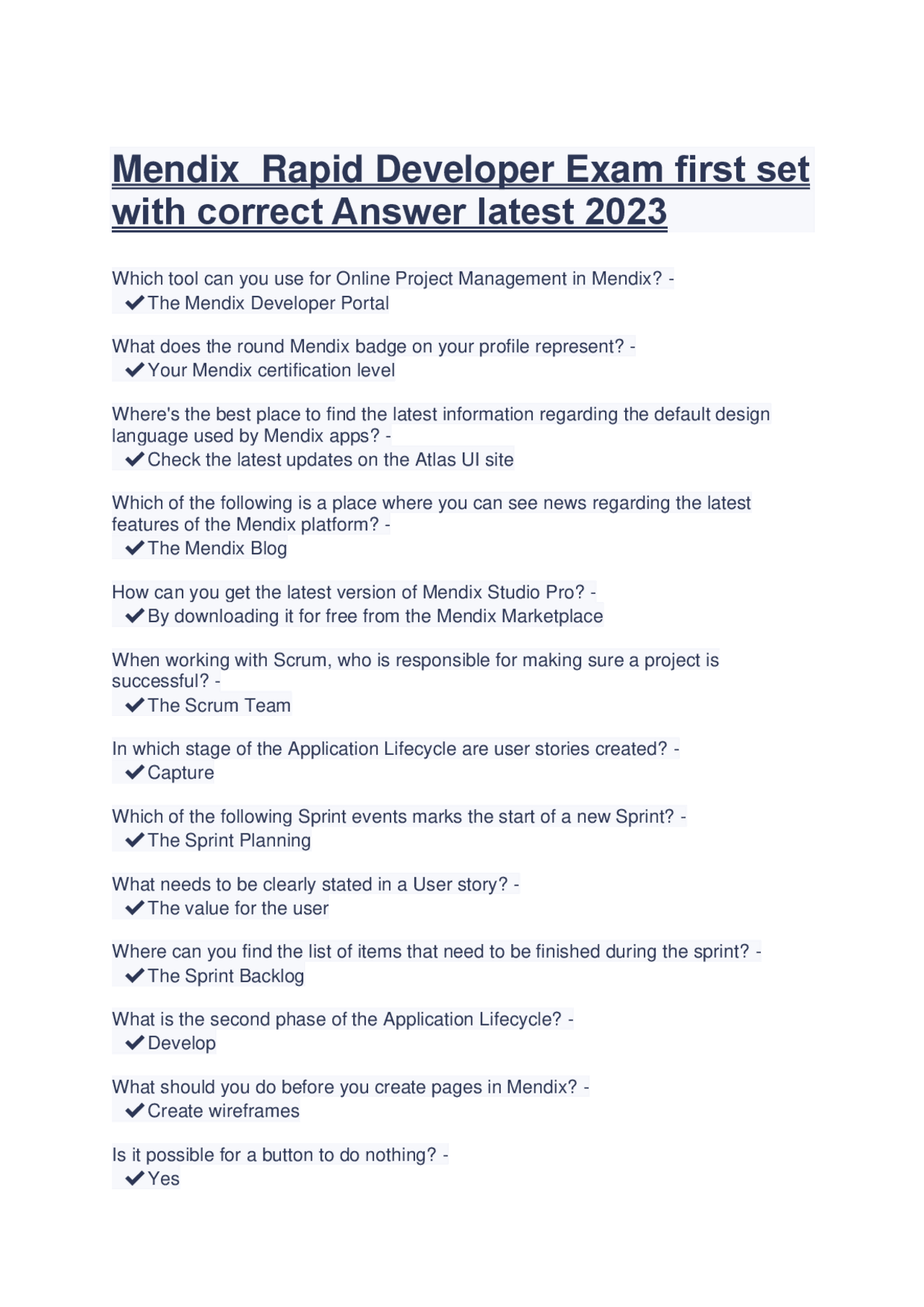 Mendix Rapid Developer Exam first set with correct Answer latest 2023 ...