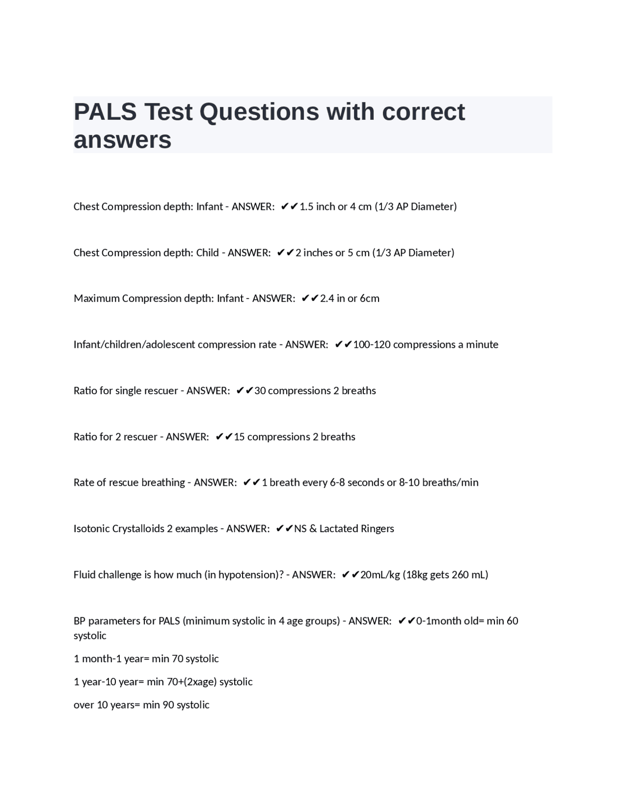 PALS Test Questions with correct answers | Exams Nursing | Docsity