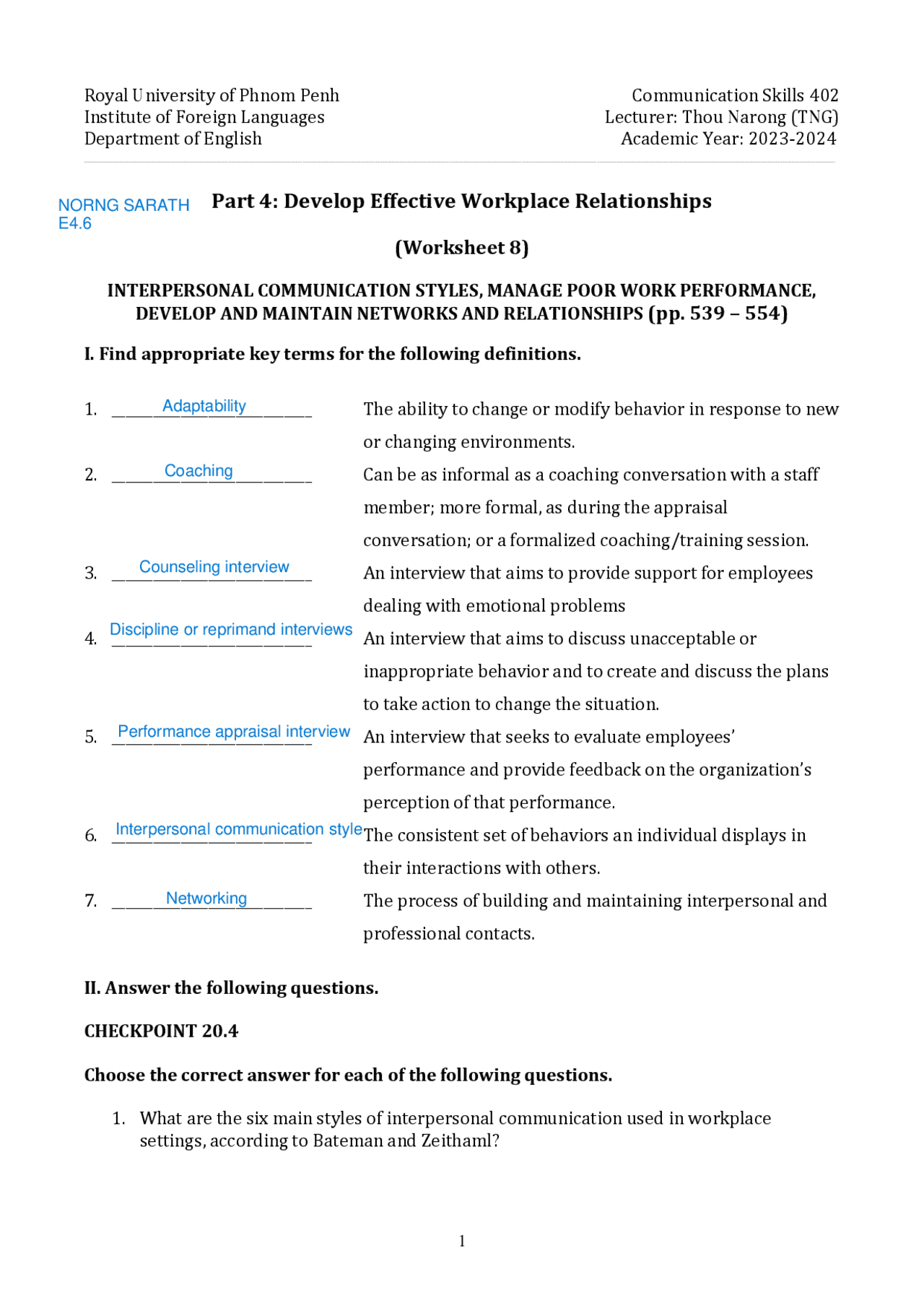 The worksheet of CM402 lessons | Assignments Communication | Docsity