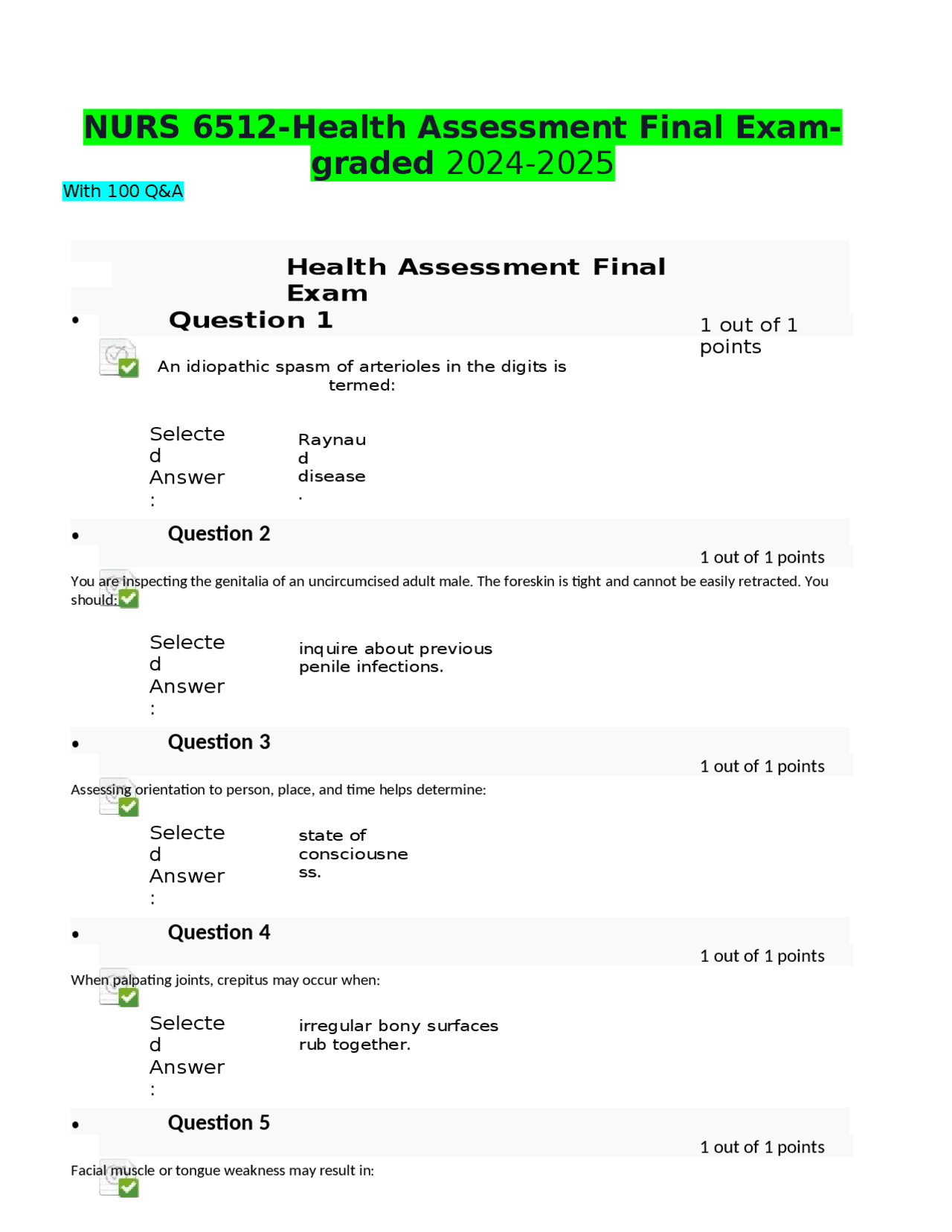 NURS 6512-Health Assessment Final Exam-graded 2024-2025.docx | Exams ...