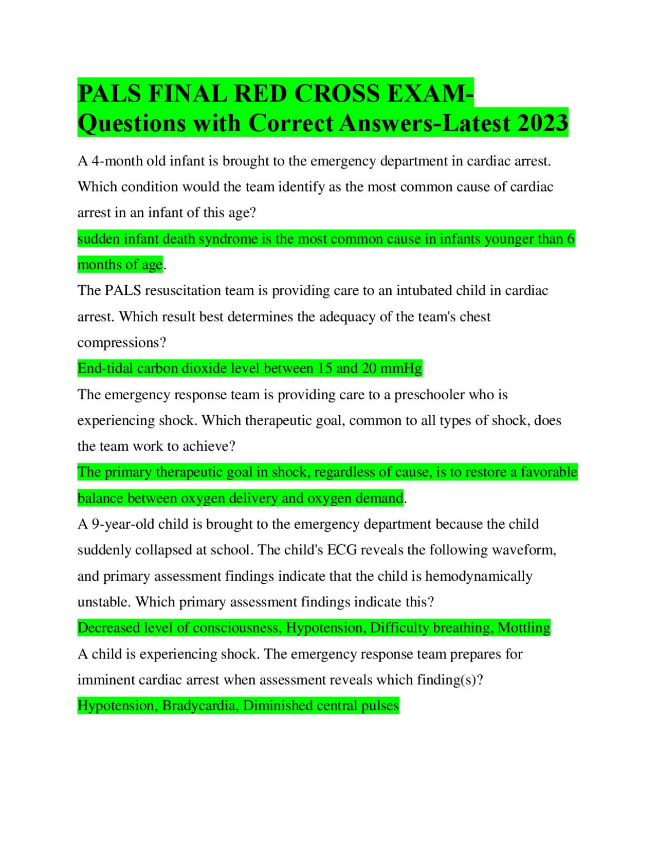 PALS FINAL RED CROSS EXAM-Questions with Correct Answers-Latest 2023 ...