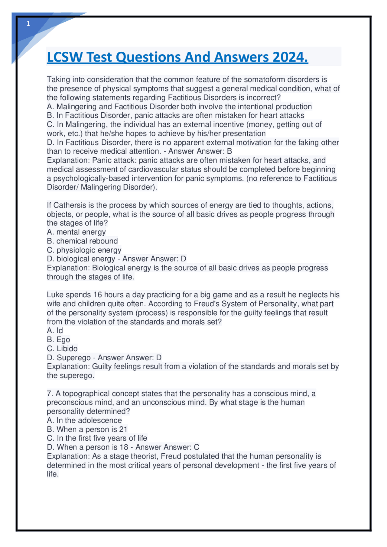 LCSW Test Questions And Answers 2024. | Exams Nursing | Docsity