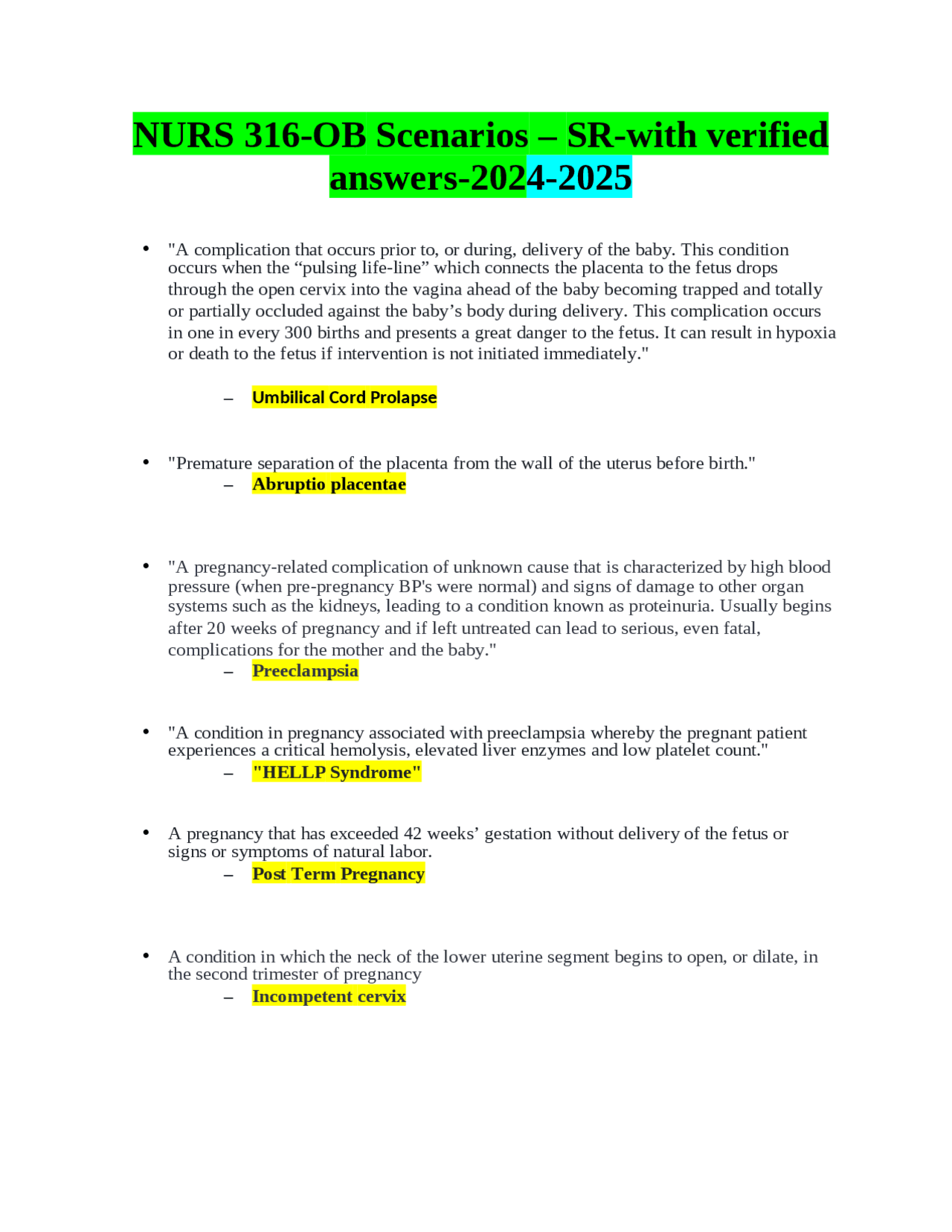 NURS 316-OB Scenarios – SR-with verified answers-2024-2025.docx | Exams Nursing | Docsity