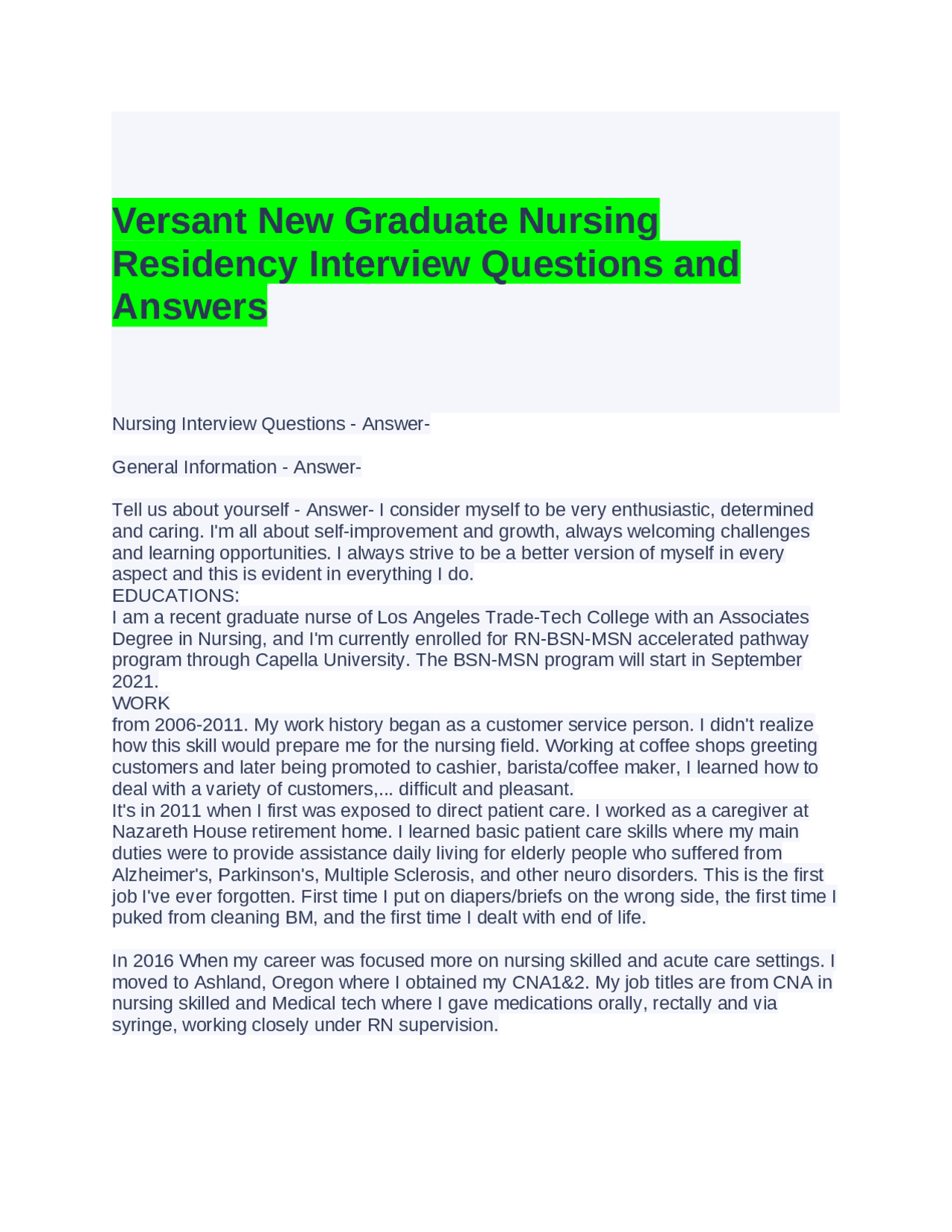 Versant New Graduate Nursing Residency Interview Questions and Answers ...