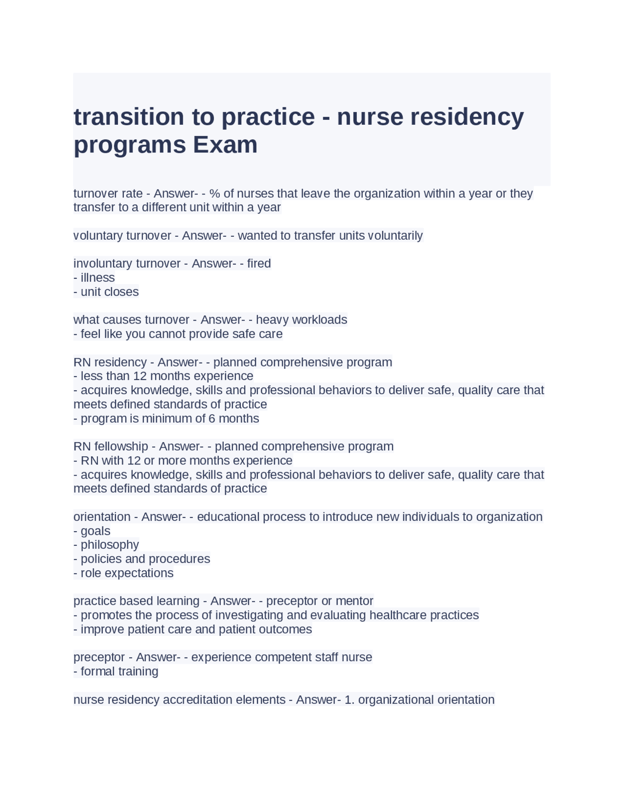 transition to practice - nurse residency programs Exam | Exams Nursing ...