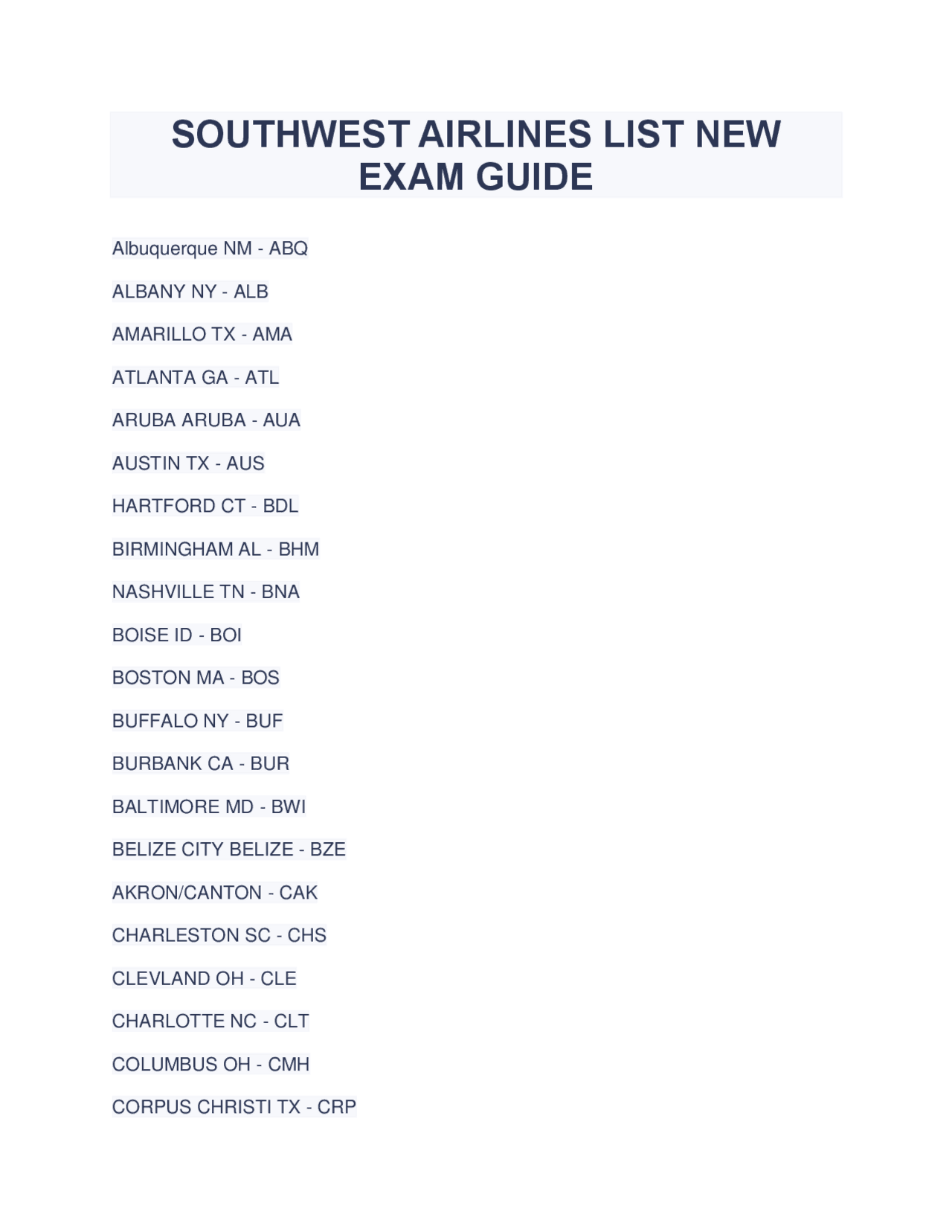SOUTHWEST AIRLINES LIST NEW EXAM GUIDE | Exams Hospitality and Tourism ...