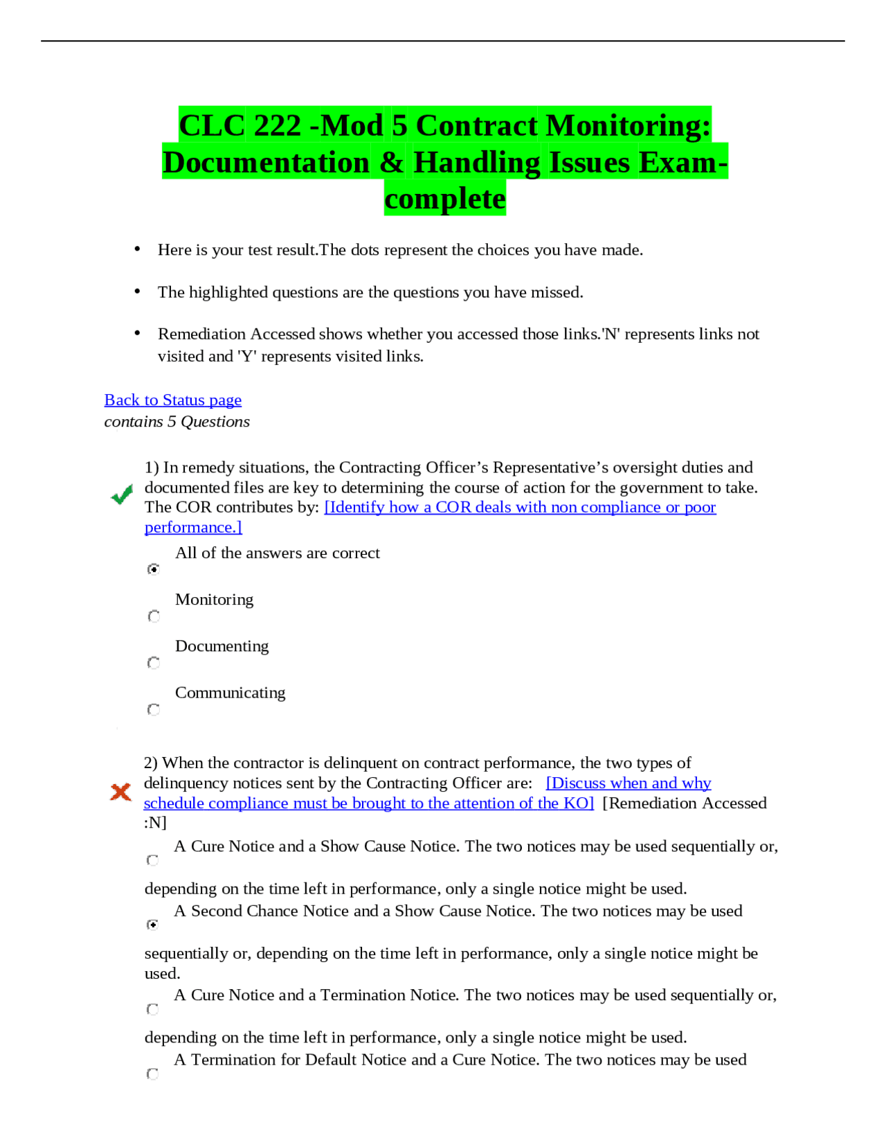 CLC 222 -Mod 5 Contract Monitoring- Documentation & Handling Issues Exam-complete.docx | Exams ...