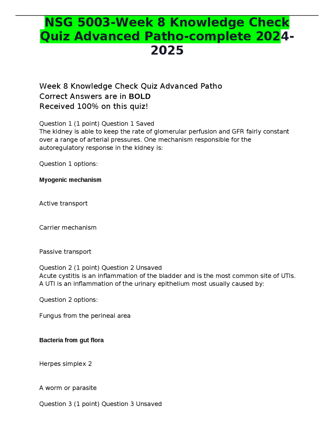 NSG 5003-Week 8 Knowledge Check Quiz Advanced Patho-complete 2024-2025.docx | Exams Nursing ...