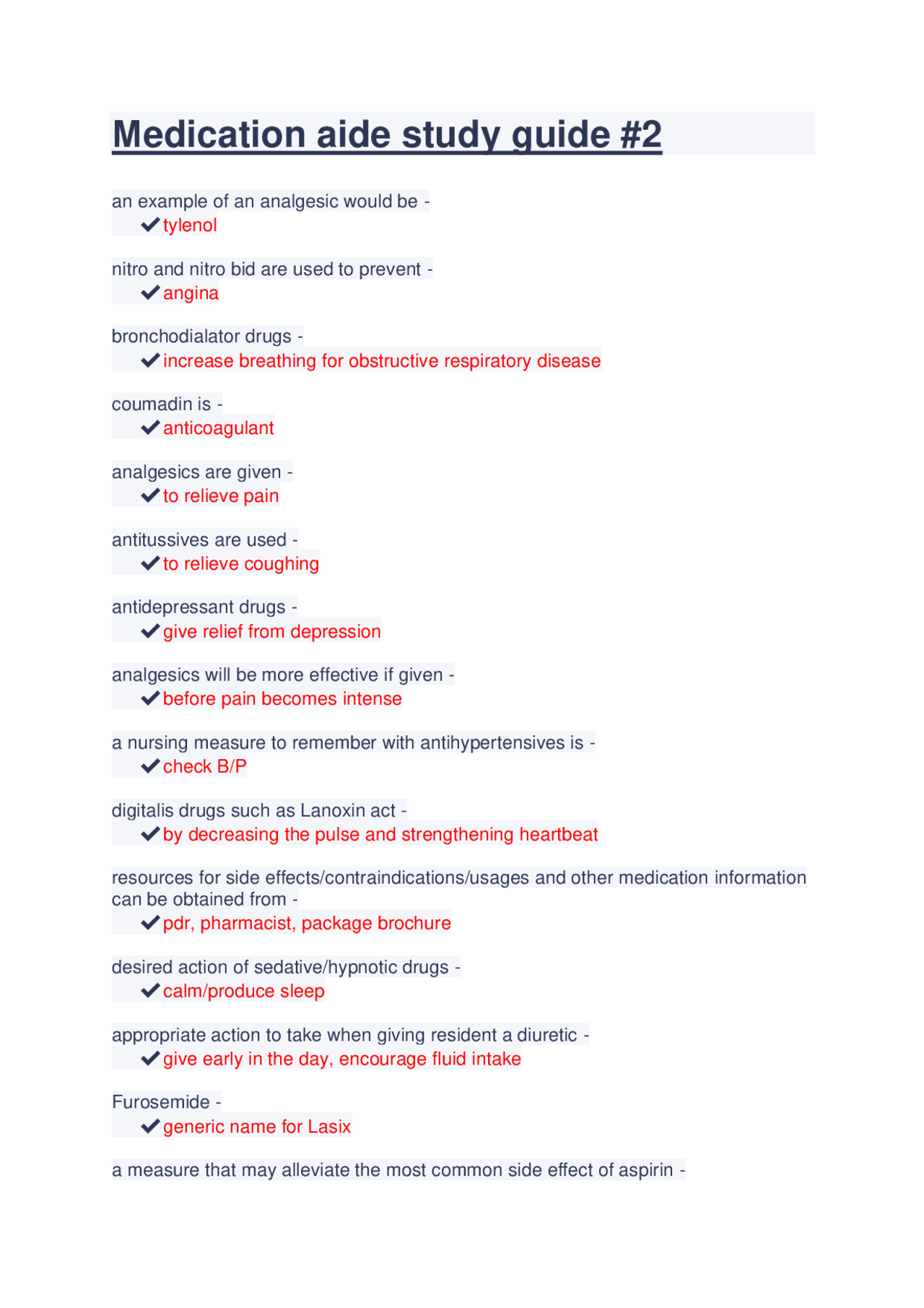 Medication aide study guide #2.pd | Exams Nursing | Docsity