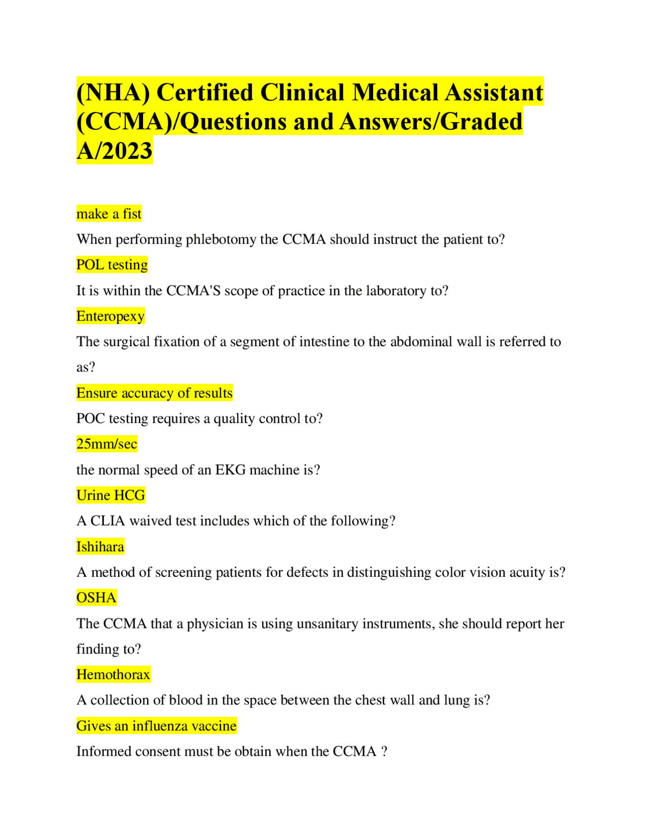 (NHA) Certified Clinical Medical Assistant (CCMA)/Questions and Answers ...
