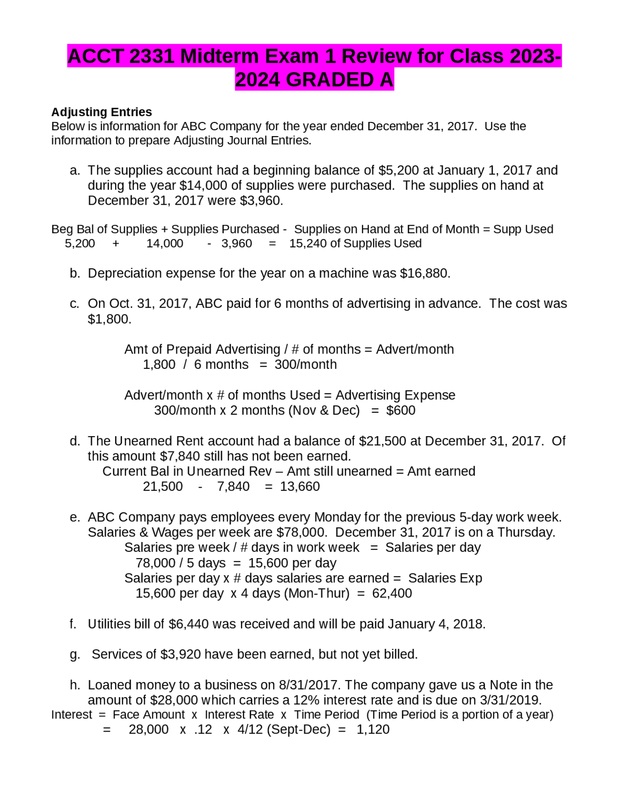 ACCT 2331 Midterm Exam 1 Review for Class 2023-2024 GRADED A | Exams ...