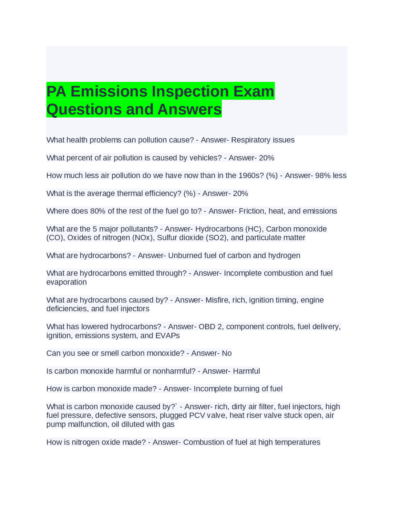 PA Emissions Inspection Exam Questions and Answers | Exams Engineering ...