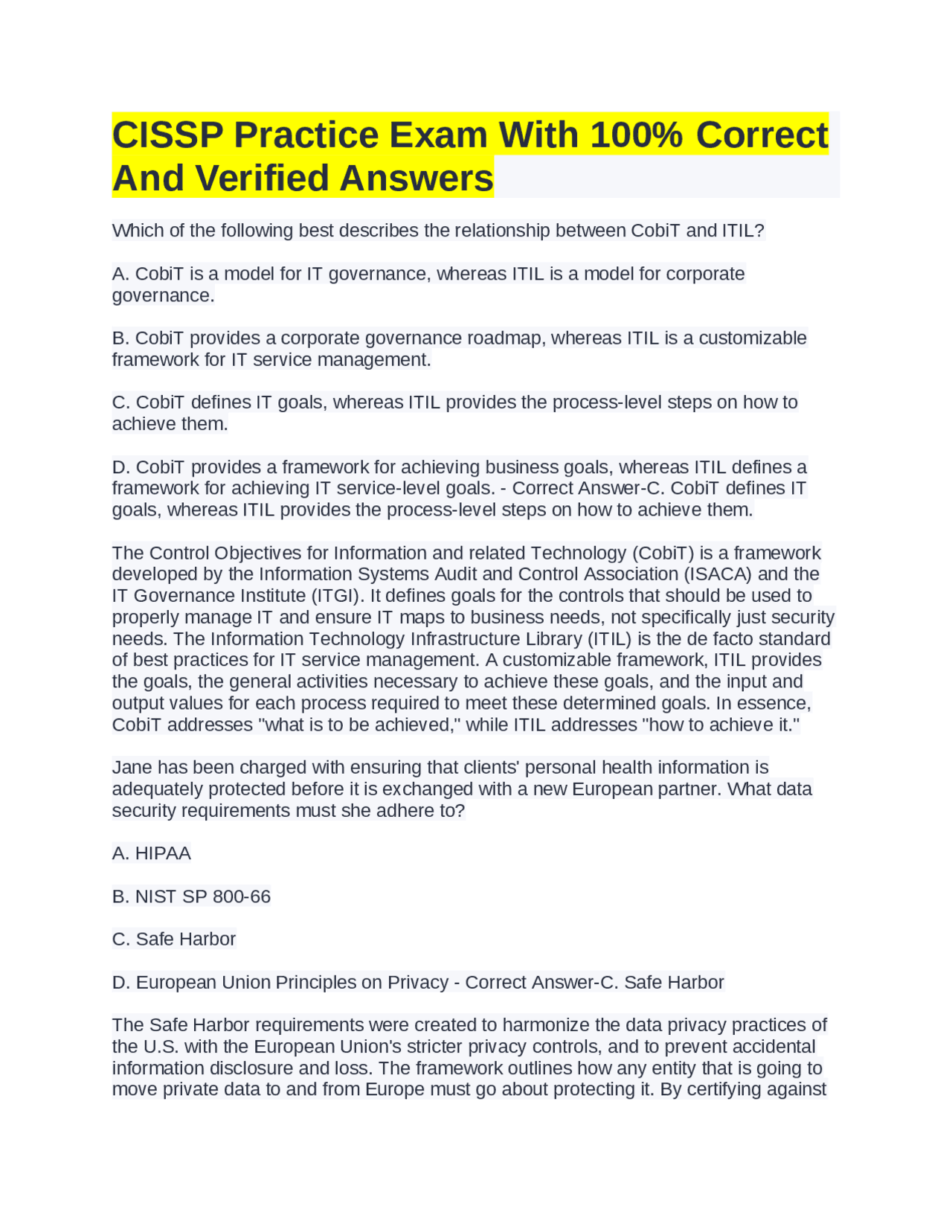 CISSP Practice Exam With 100% Correct And Verified Answers | Exams ...