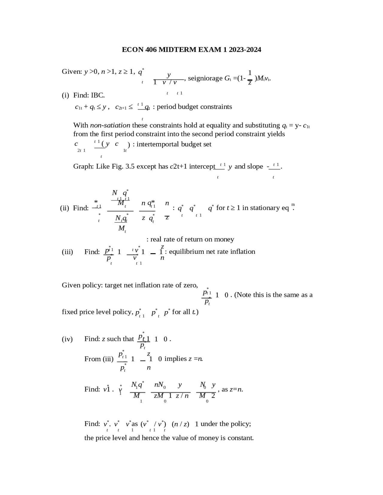ECON 406 MIDTERM EXAM 1 2023-2024 | Exams Economics | Docsity
