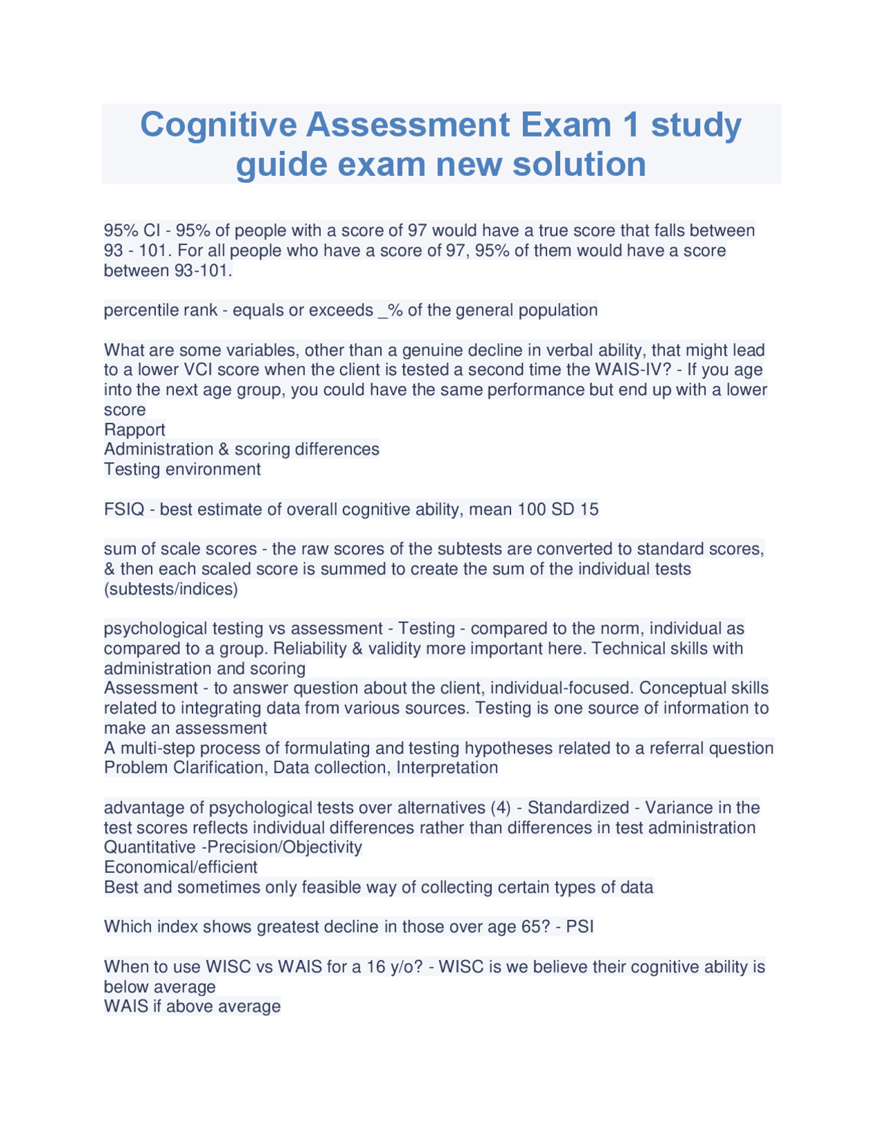 Cognitive Assessment Exam 1 study guide exam new solution | Exams ...