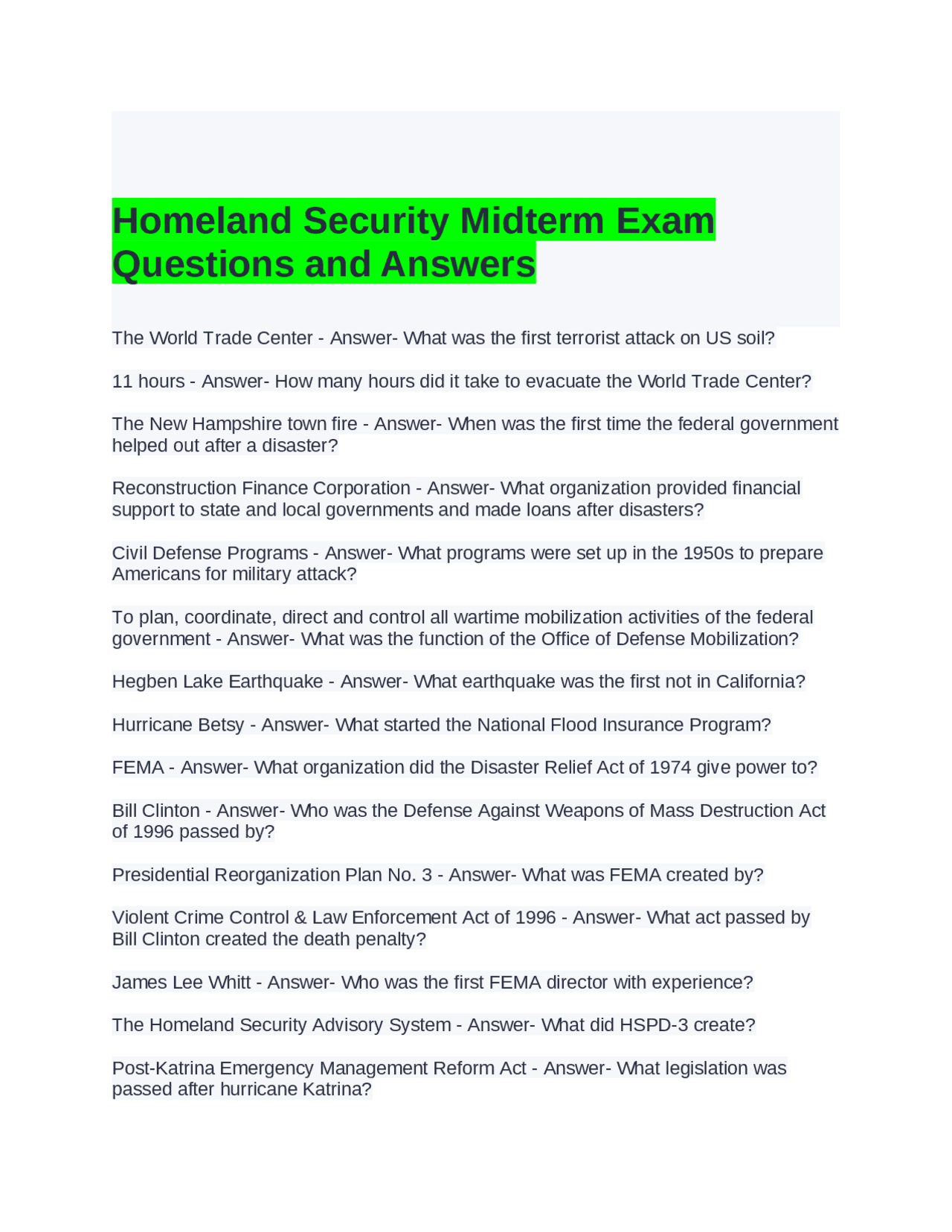 Homeland Security Midterm Exam Questions and Answer | Exams Social Security Law | Docsity