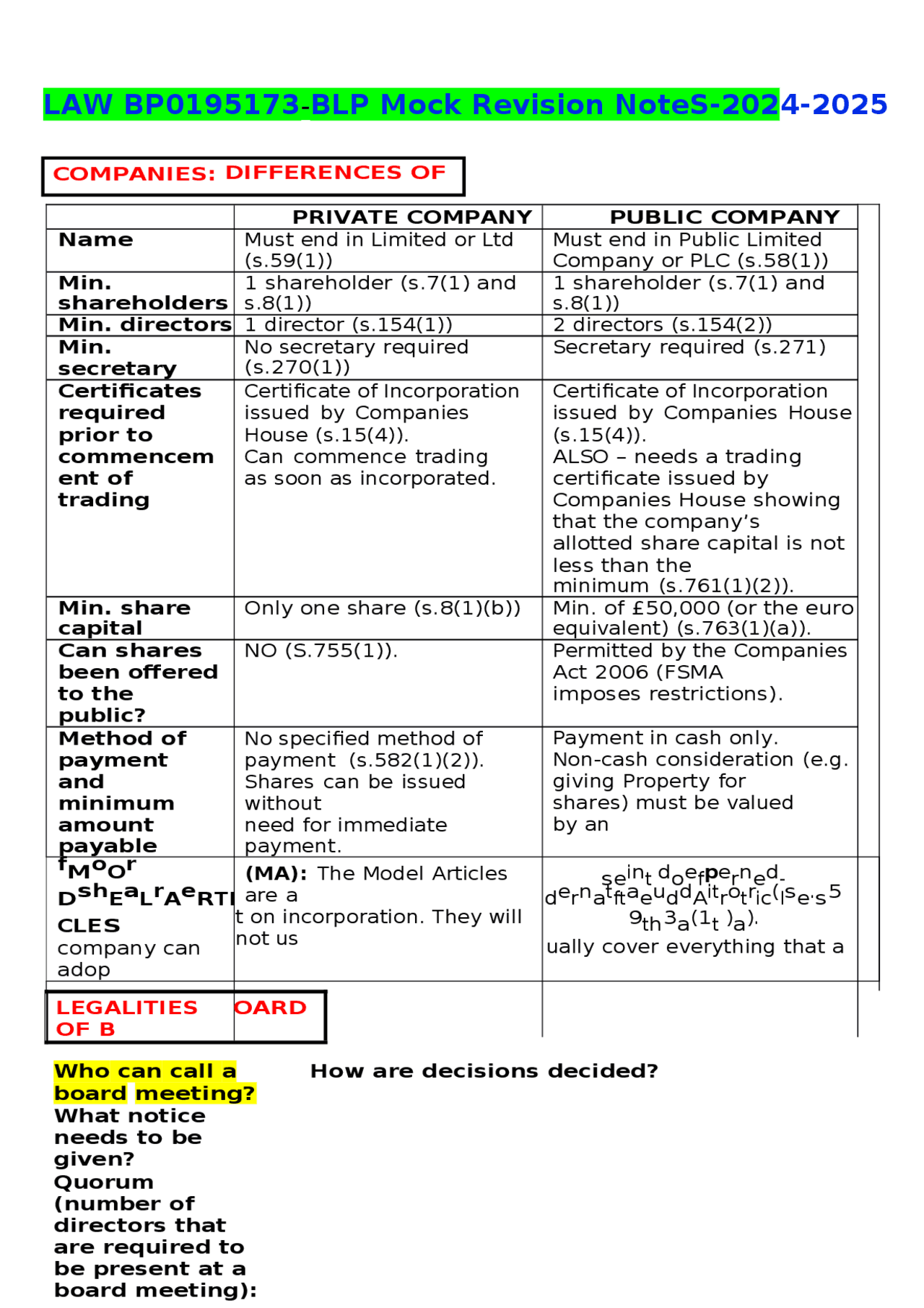 LAW BP0195173-BLP Mock Revision NoteS-2024-2025 .docx | Exams Law | Docsity