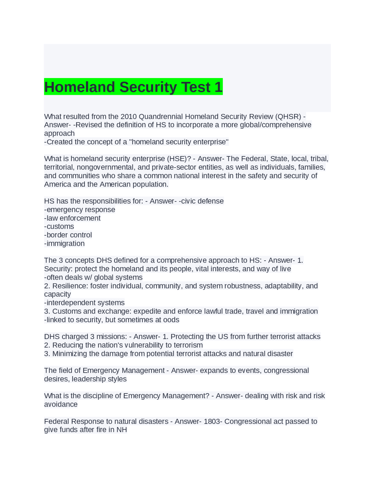 Homeland Security Test 1 with correct Answers | Exams Social Security ...