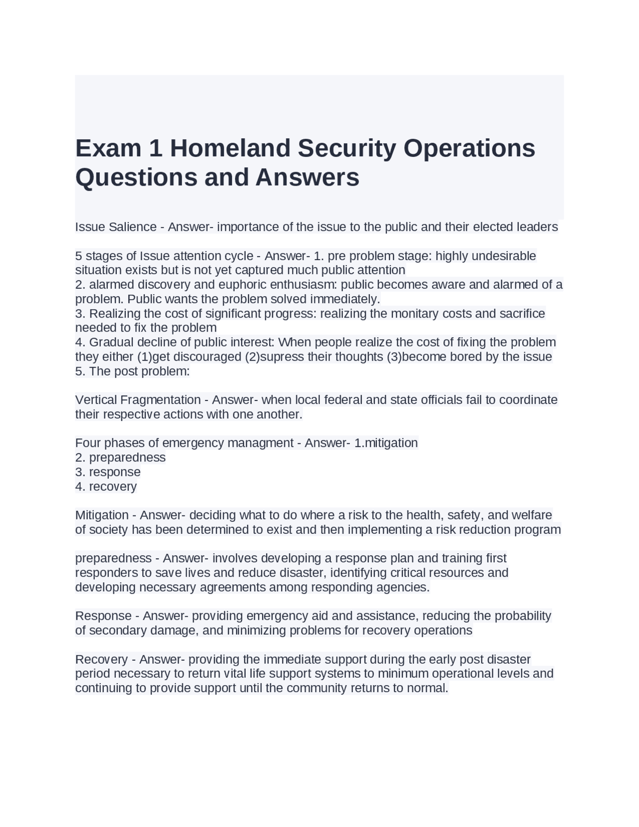 Exam 1 Homeland Security Operations Questions and Answers | Exams ...