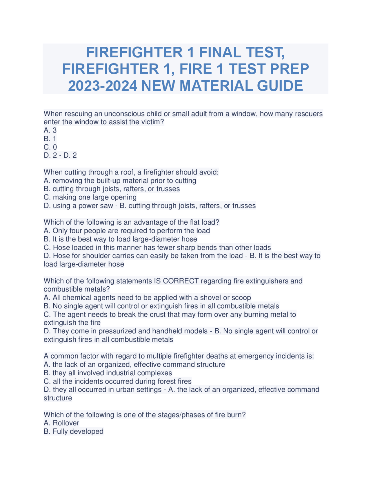 FIREFIGHTER 1 FINAL TEST, FIREFIGHTER 1, FIRE 1 TEST PREP 2023-2024 NEW ...