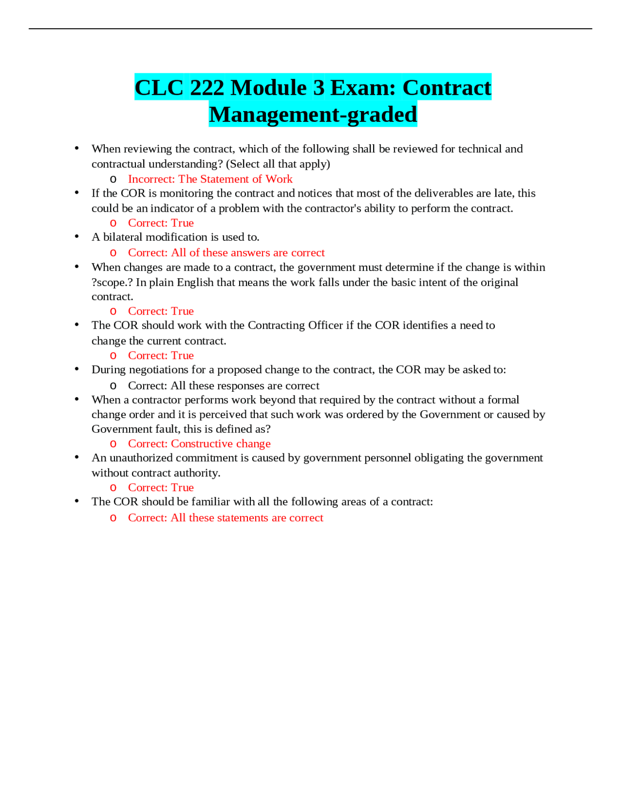 CLC 222 Module 3 Exam- Contract Management-graded .docx | Exams ...