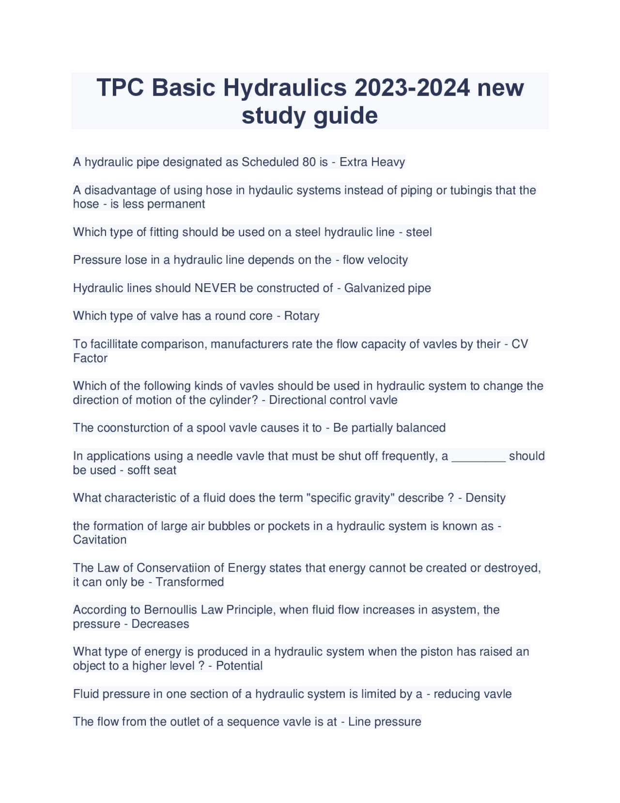 TPC Basic Hydraulics 2023-2024 new study guide | Exams Electrical Engineering | Docsity
