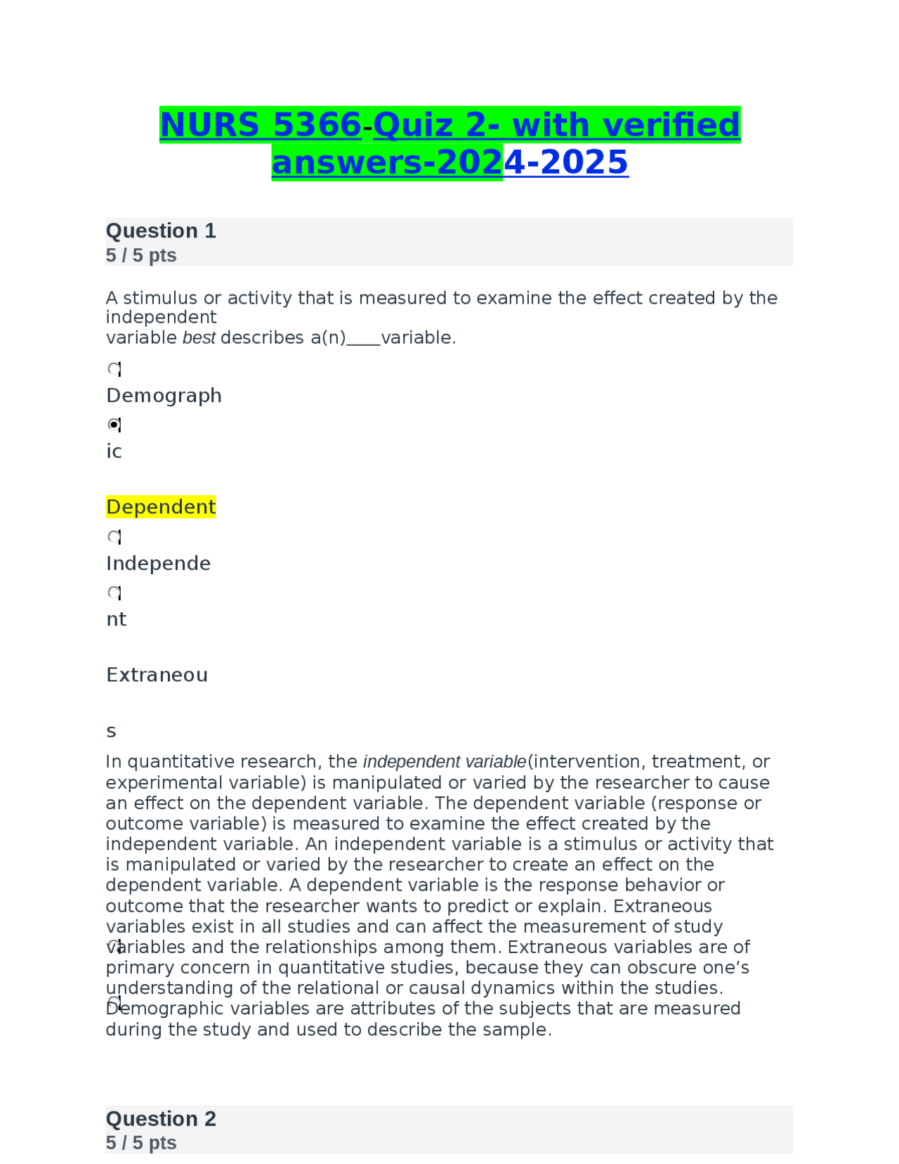 NURS 5366-Quiz 2- with verified answers-2024-2025 .docx | Exams Nursing ...
