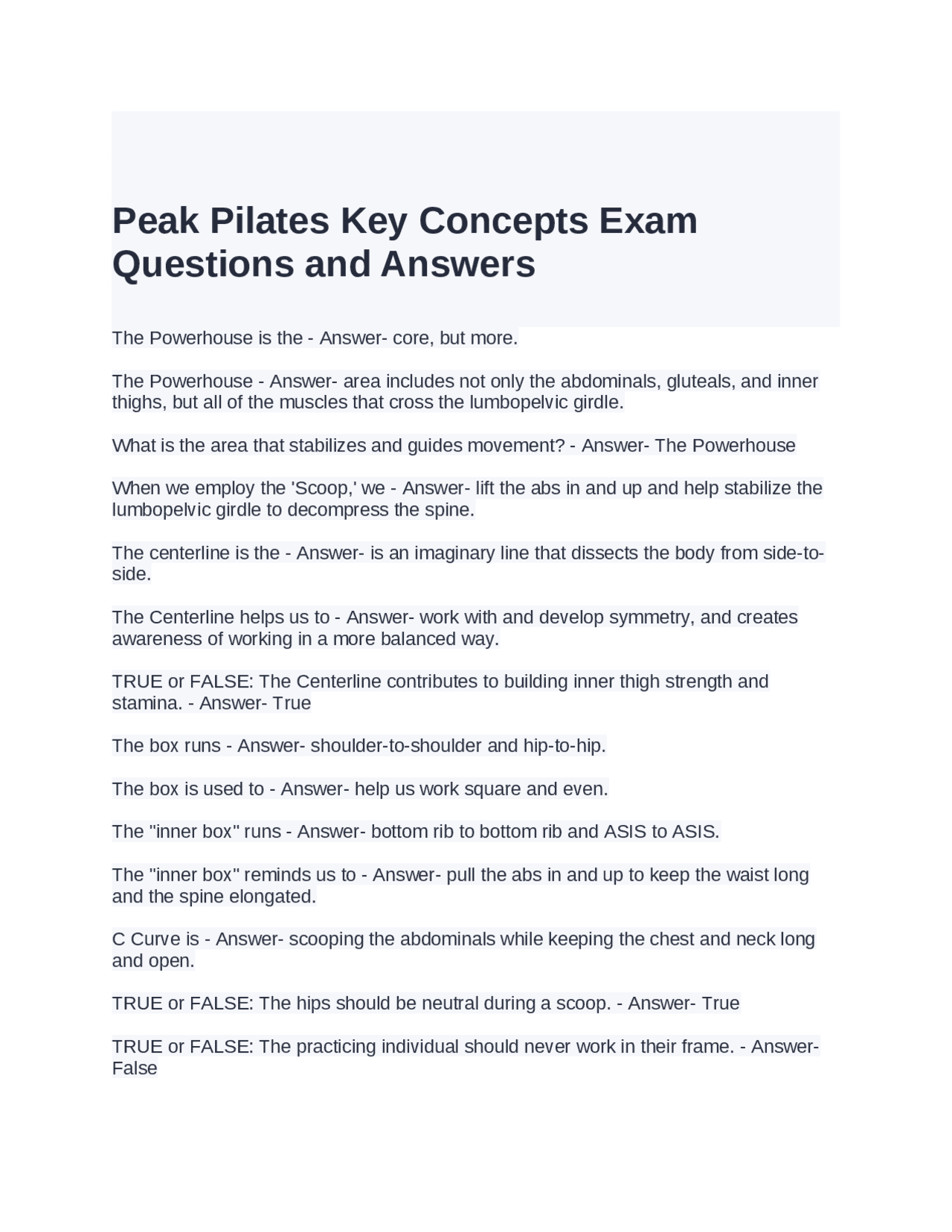 Peak Pilates Key Concepts Exam Questions and Answers | Exams Nursing ...