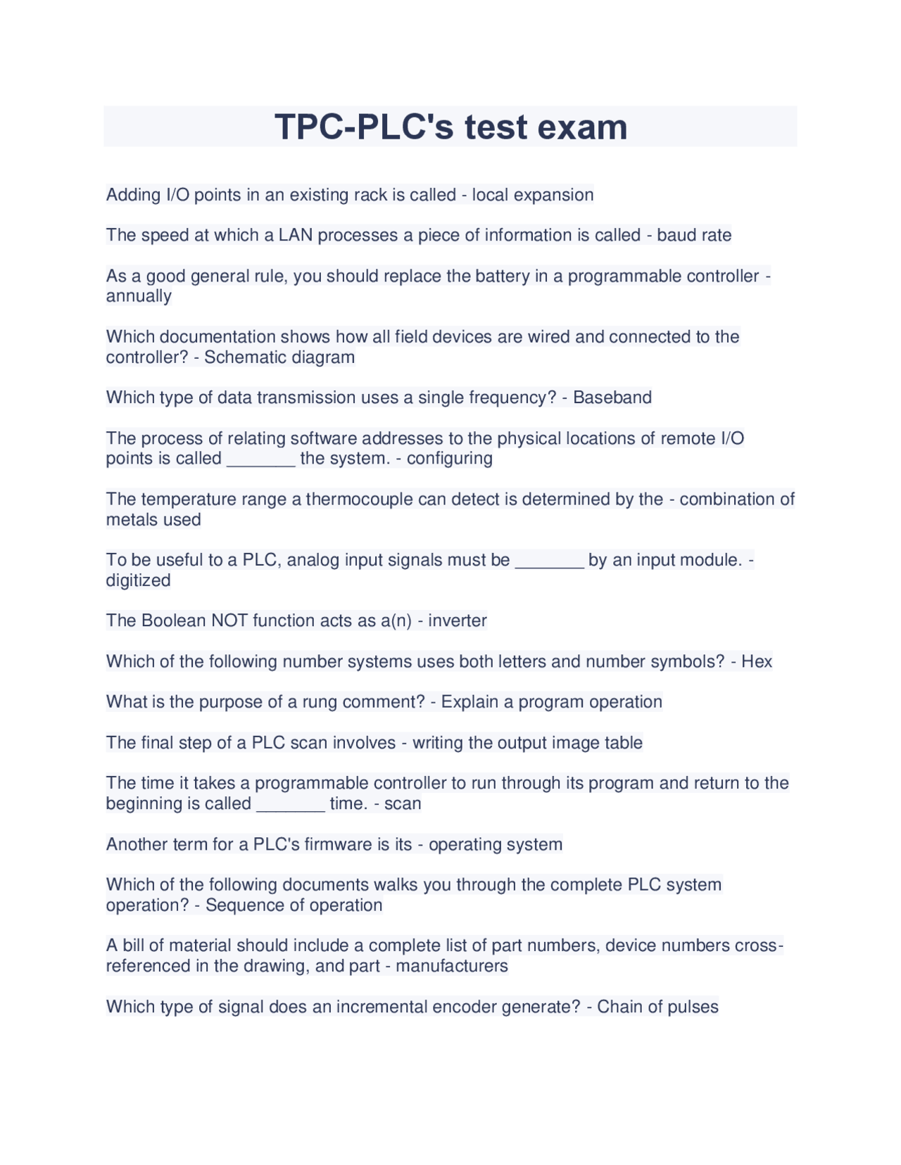 TPC-PLC's test actual exam | Exams Electrical Engineering | Docsity