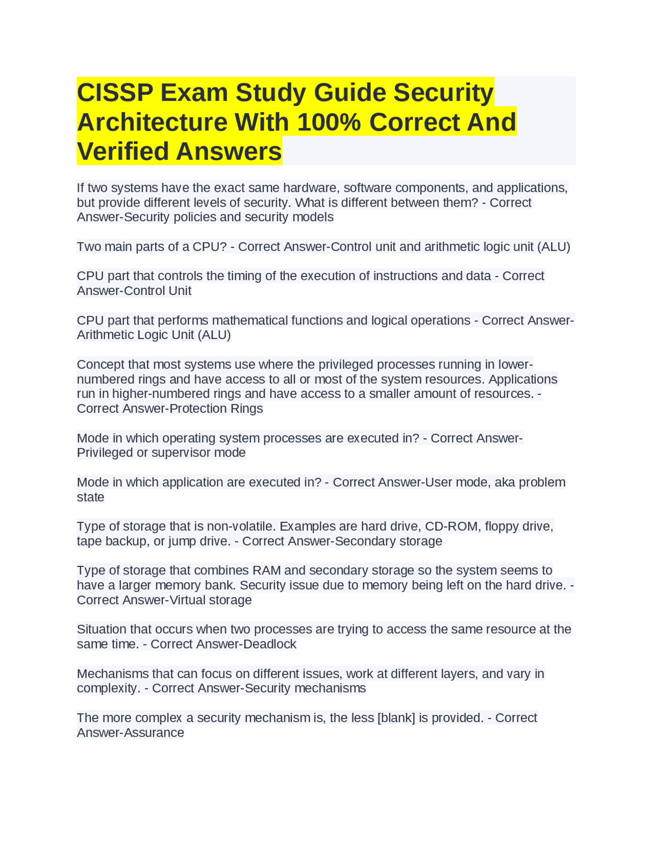 CISSP Exam Study Guide Security Architecture With 100% Correct And ...