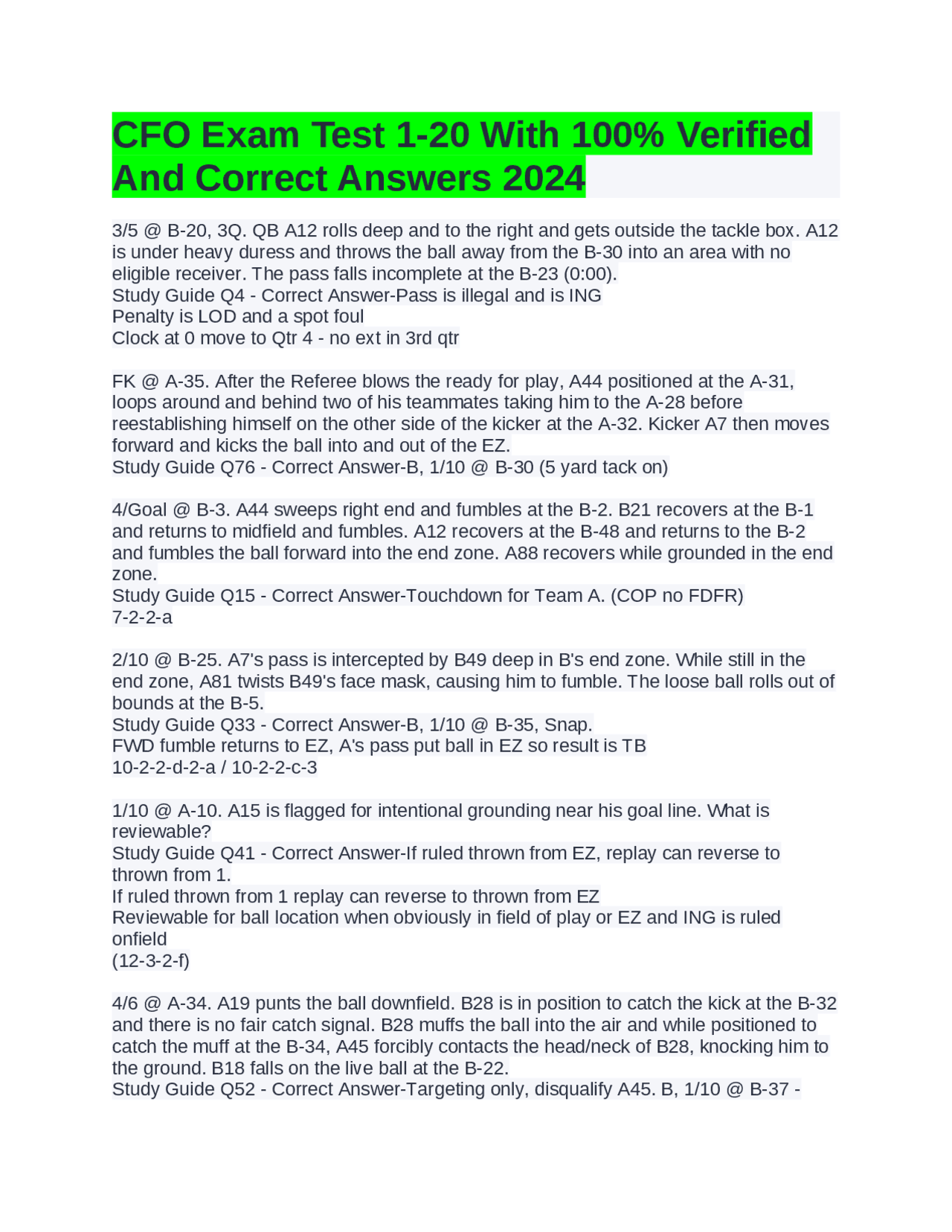 CFO Exam Test 1-20 With 100% Verified And Correct Answers 2024 | Exams ...