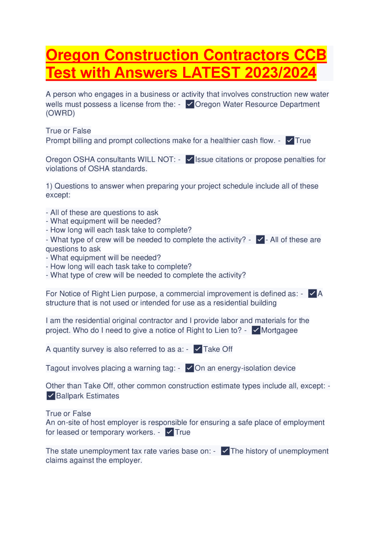 Oregon Construction Contractors CCB Test with Answers LATEST 2023 2024 ...