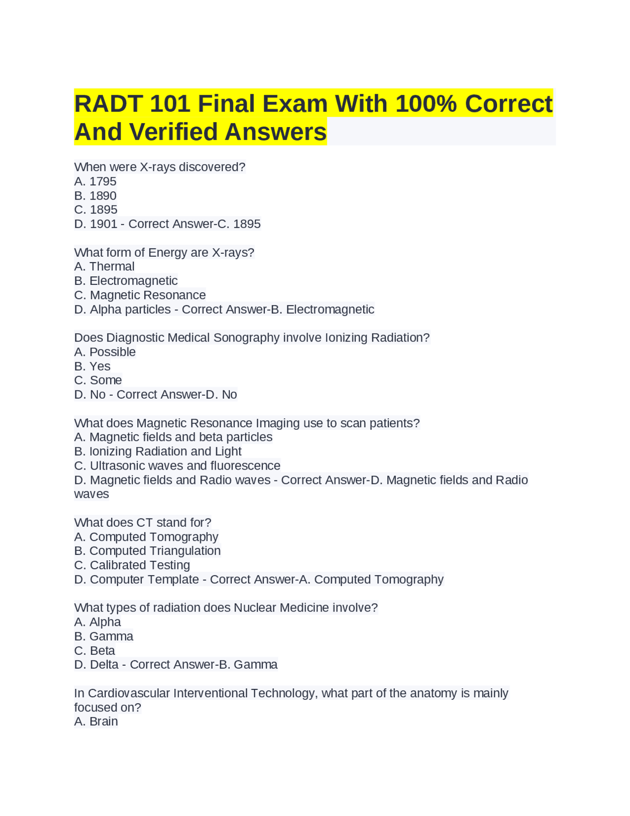 RADT 101 Final Exam With 100% Correct And Verified Answers | Exams ...