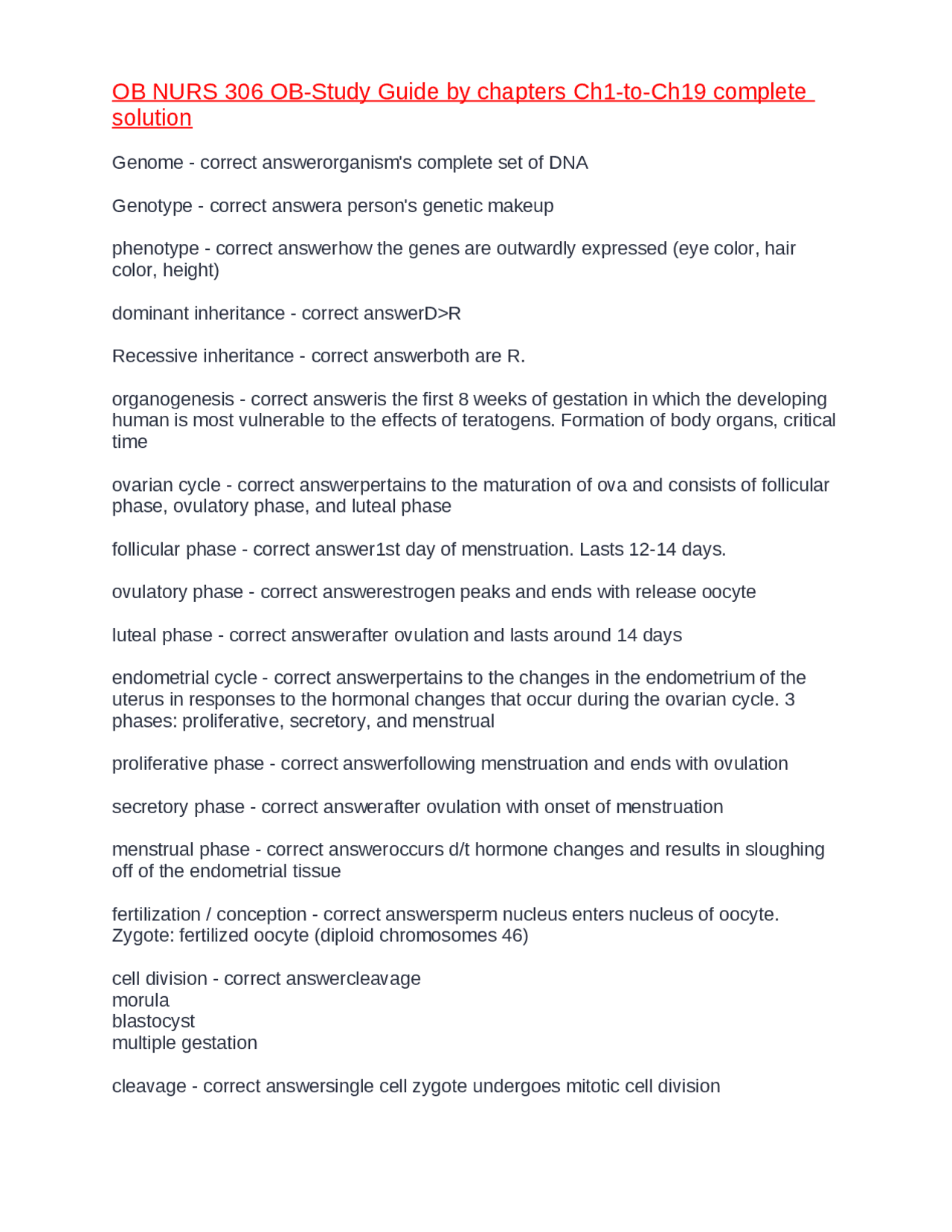 OB NURS 306 OB-Study Guide by chapters Ch1-to-Ch19 complete solution ...